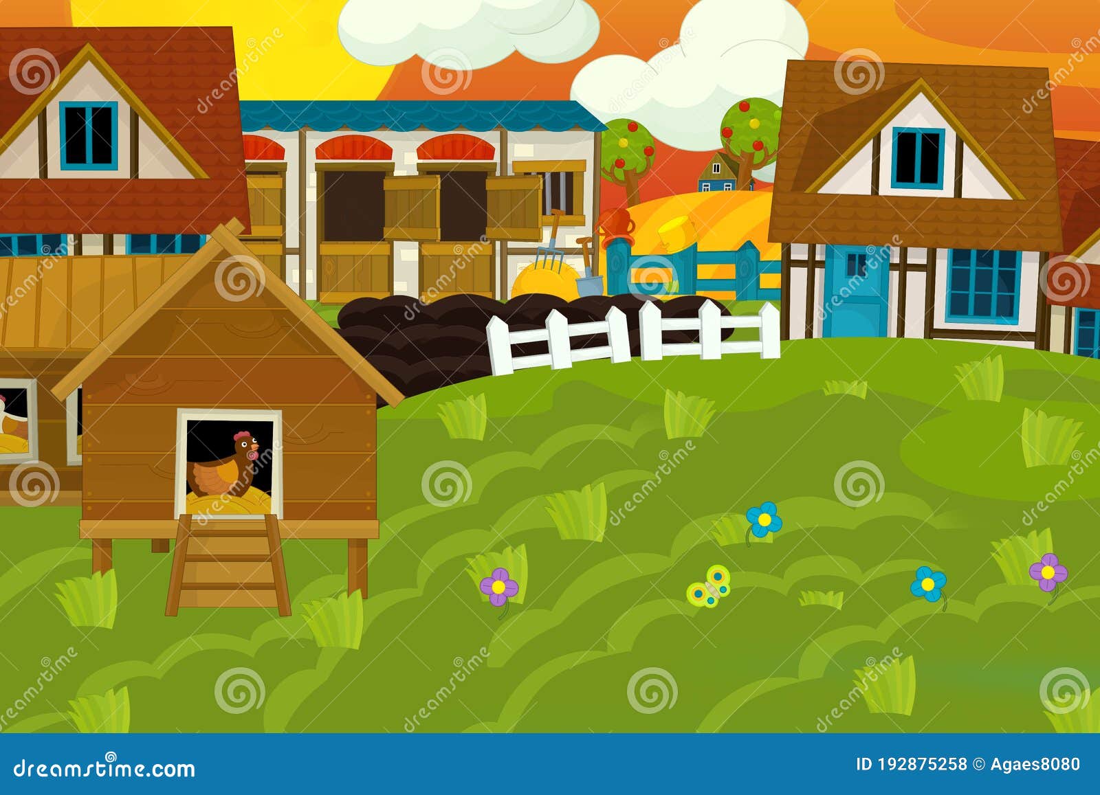 Cartoon Ranch Farm Scene With Different Wooden Buildings - Illustration ...