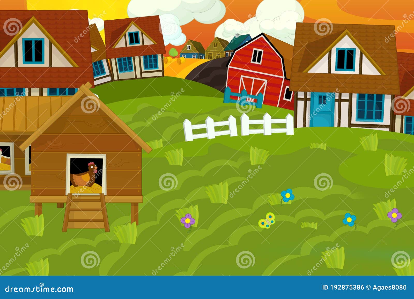Cartoon Ranch Farm Scene With Different Wooden Buildings - Illustration ...