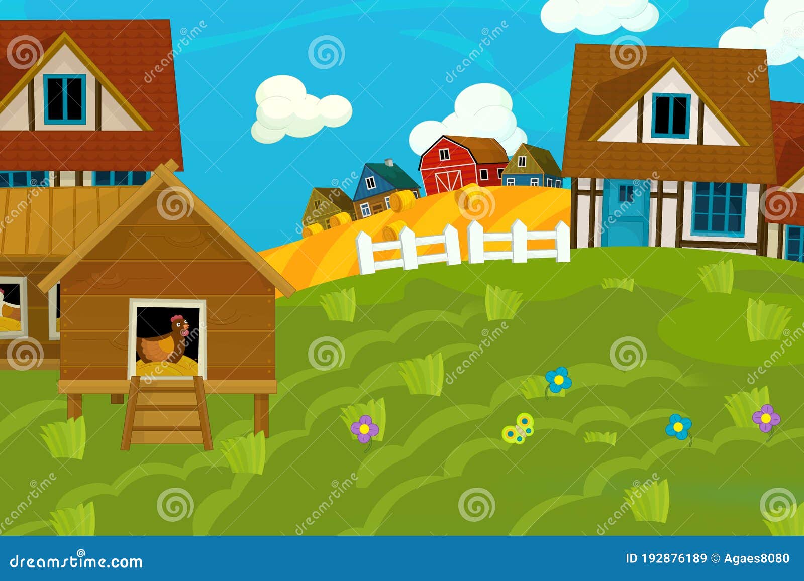 Cartoon Ranch Farm Scene With Different Wooden Buildings - Illustration ...