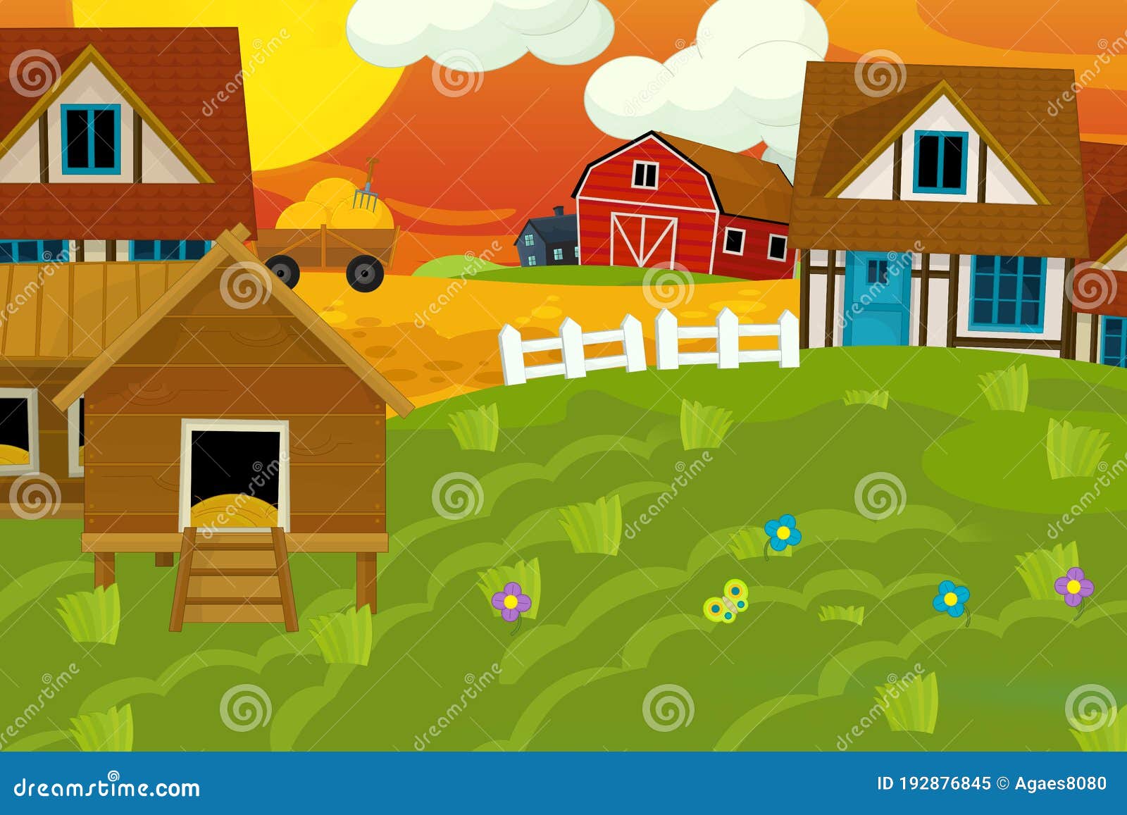Cartoon Ranch Farm Scene With Different Wooden Buildings - Illustration ...