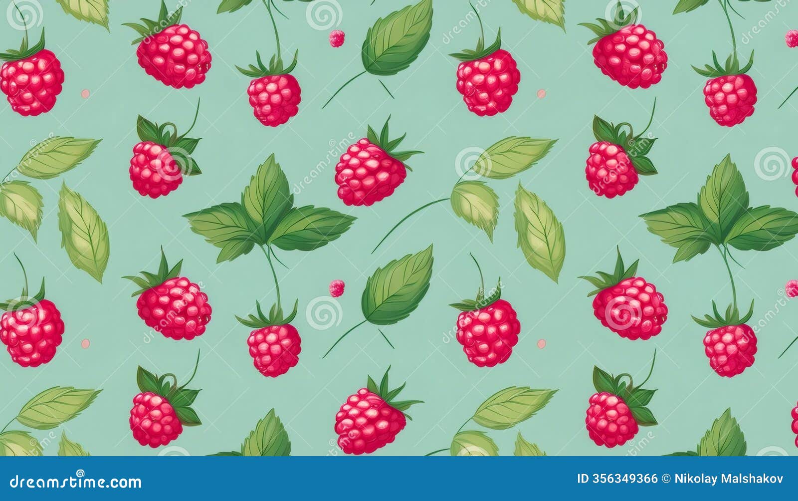 Cartoon Raspberry Pattern with Green Leaves Repeating Across Pale Mint Surface, Perfect for ...