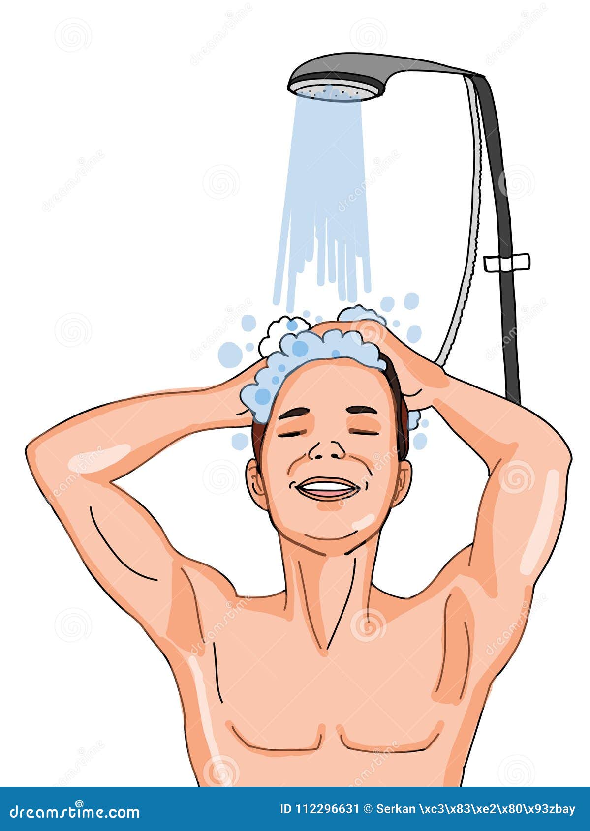 Cartoon Realistic Man Having Shower Bathroom Illustration White