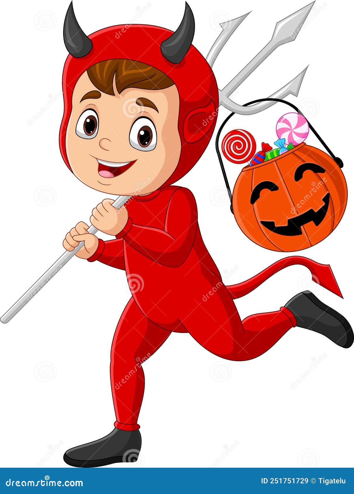 Cartoon Red Devil Carrying Candy in a Pumpkin Basket Stock Vector ...