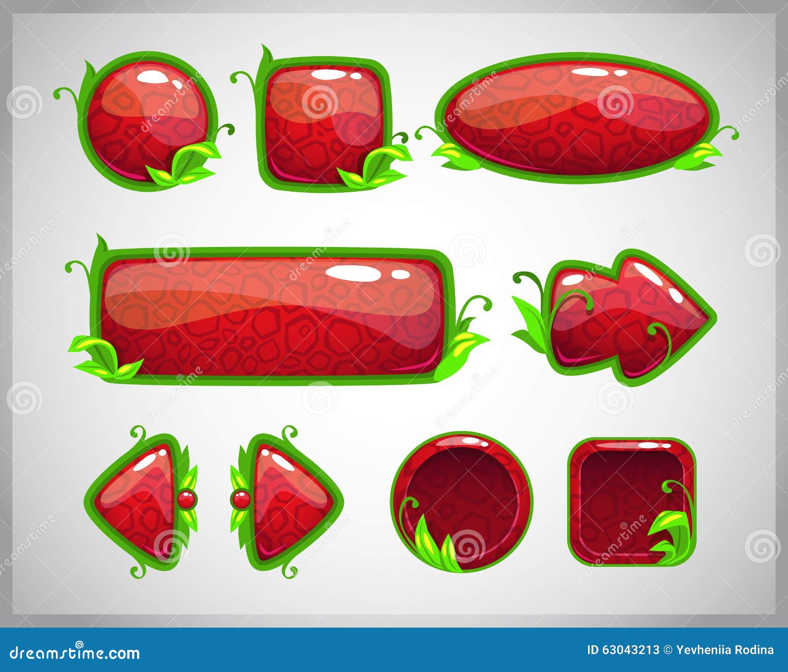 Cartoon Red Glossy Buttons with Nature Elements Stock Illustration ...