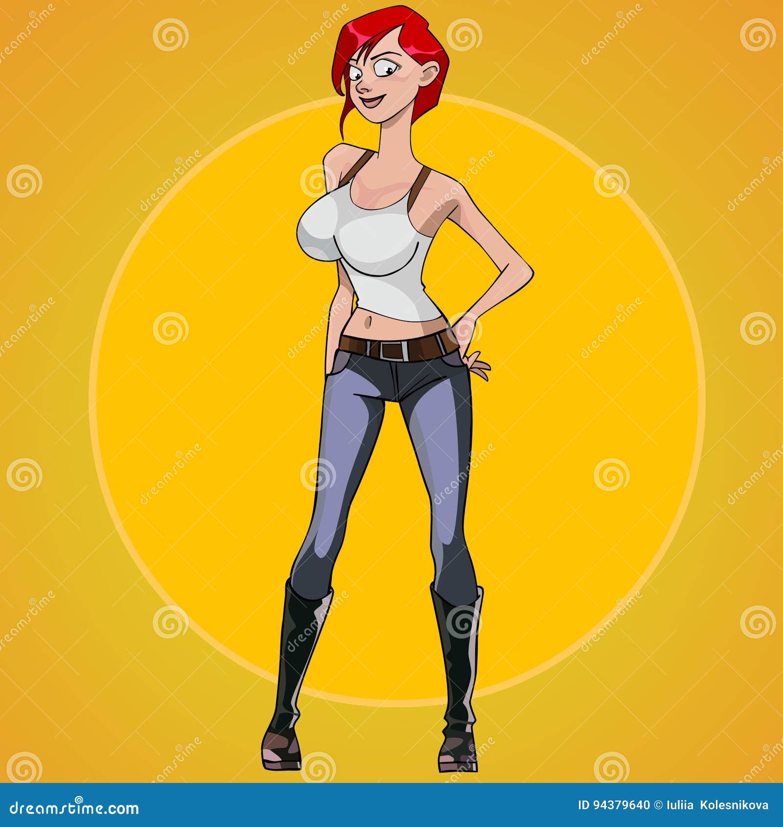 Cartoon Red Haired Woman With Big Breasts Standing Akimbo Stock Vector