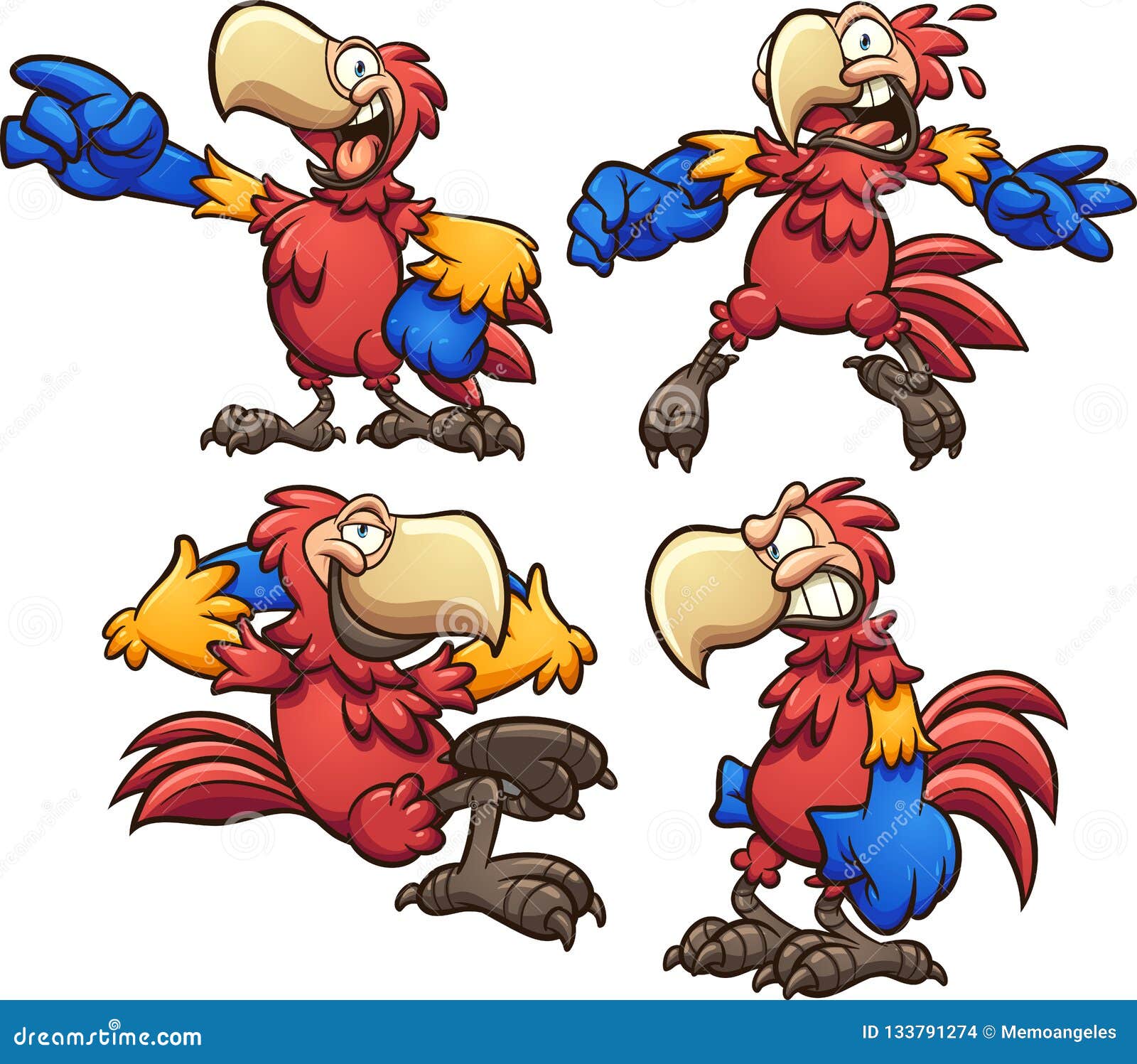 Cartoon Red Macaw In Different Poses. Vector Illustration ...