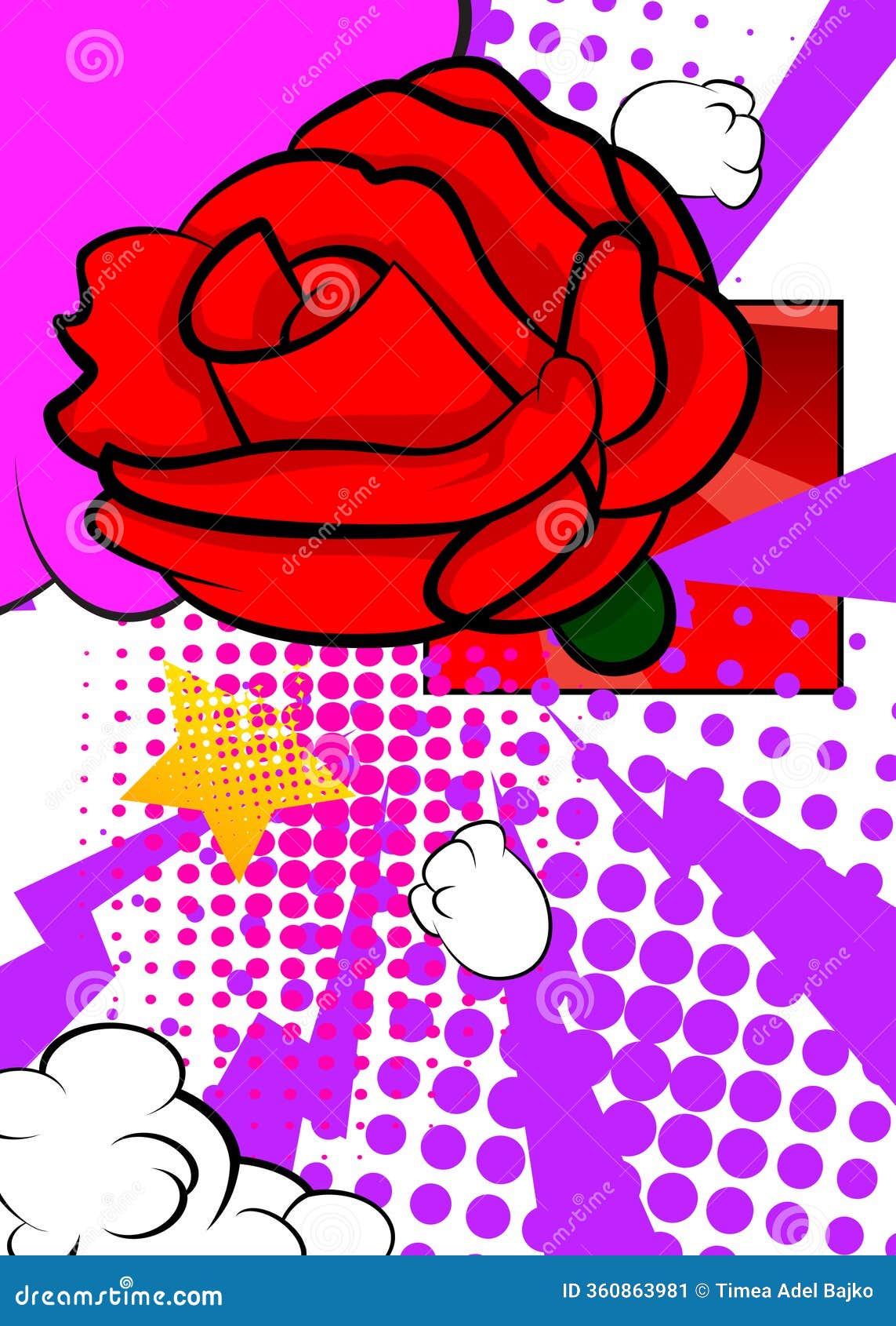 Cartoon Red Rose, Comic Book Flower. Retro Vector Comics Pop Art Design ...