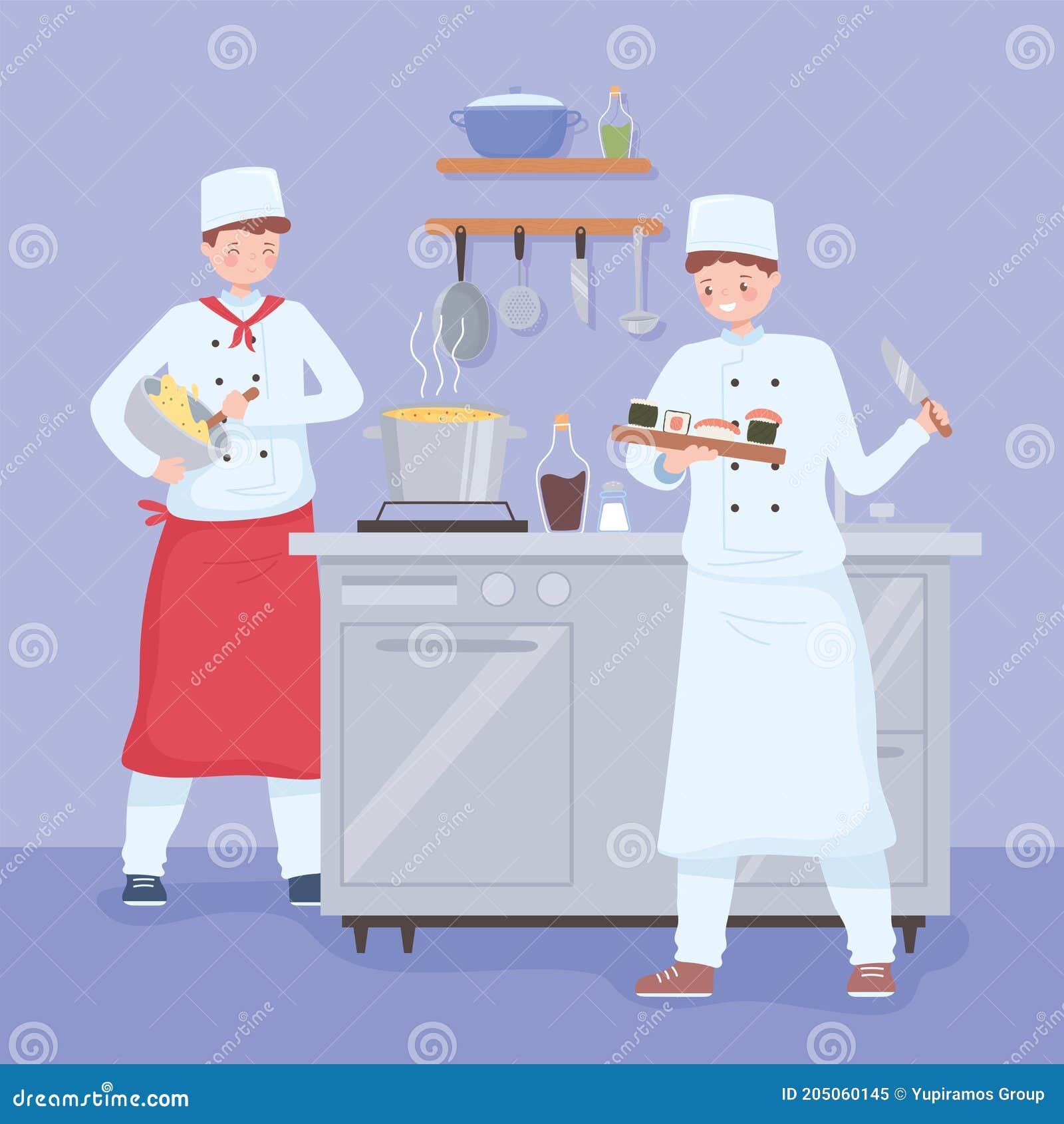 Cartoon Restaurant Chefs Preparing Meal and Desserts Stock Vector ...
