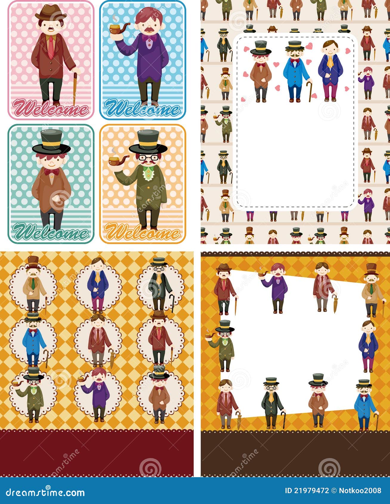 Cartoon Retro Gentleman Card Collection Stock Vector - Illustration of ...