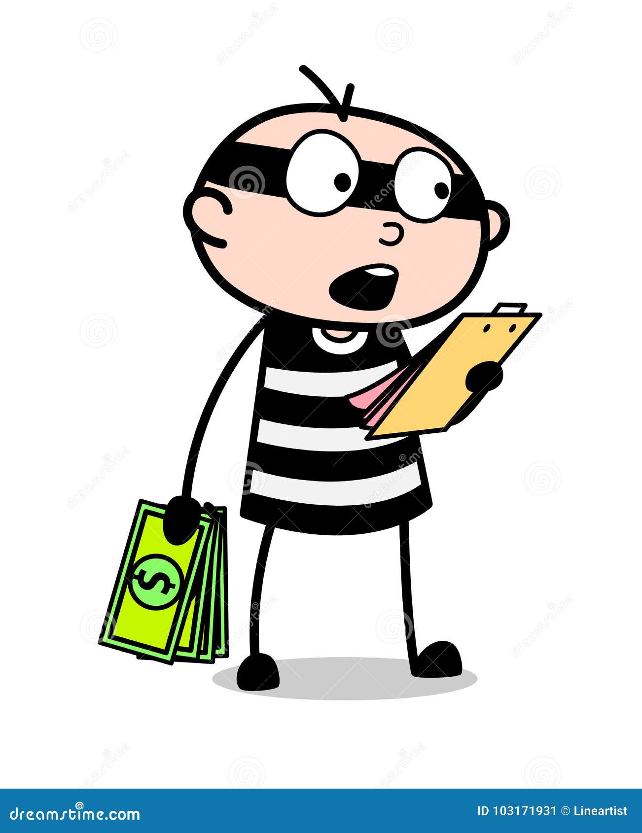Cartoon Robber Holding Bunch of Dollars and Reading Notes Stock ...