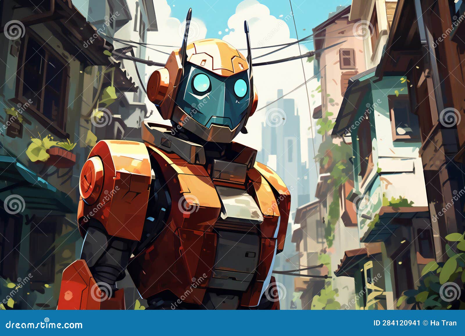 Cartoon Robot in the City, Digital Illustration Stock Illustration ...