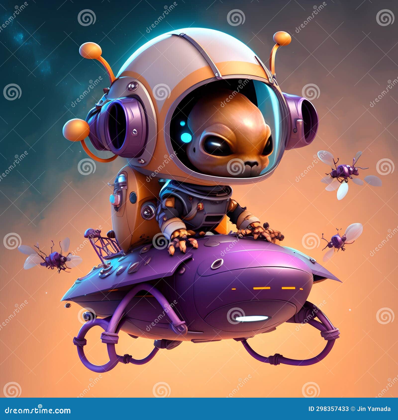 Cartoon Robot with Flying Bees on a Spaceship. 3D Rendering Stock ...