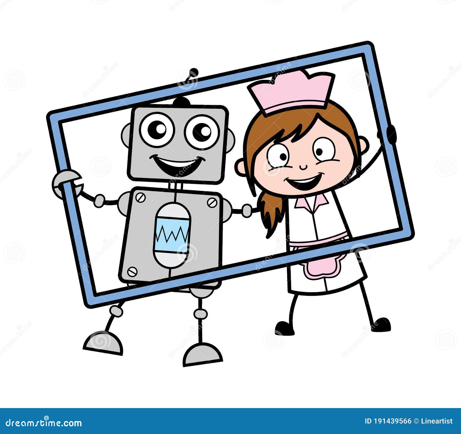 Cartoon Robot in Frame with Waitress Stock Illustration - Illustration ...