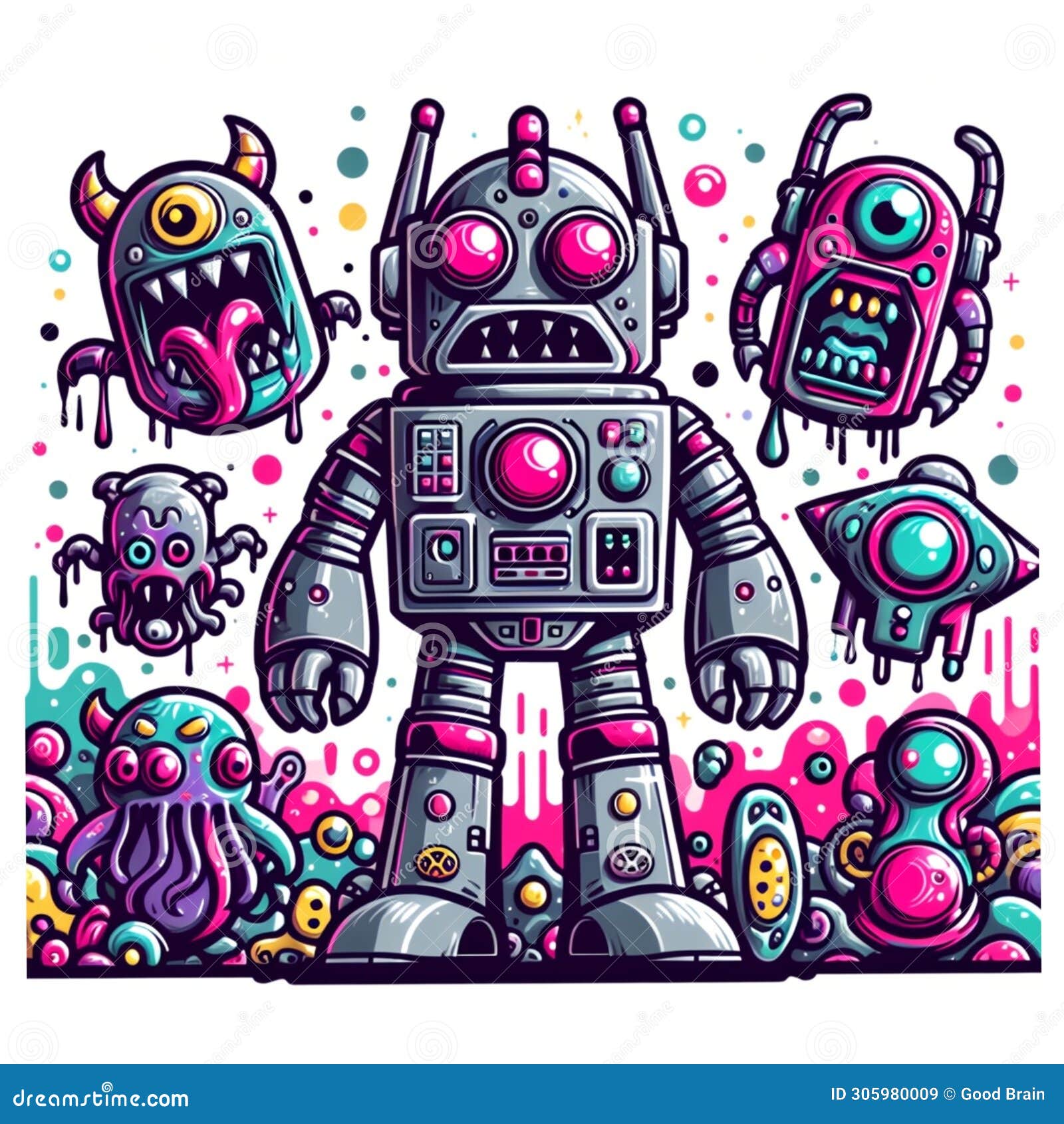 Cartoon Robot Monster with Small Horns Isolated on White Background ...