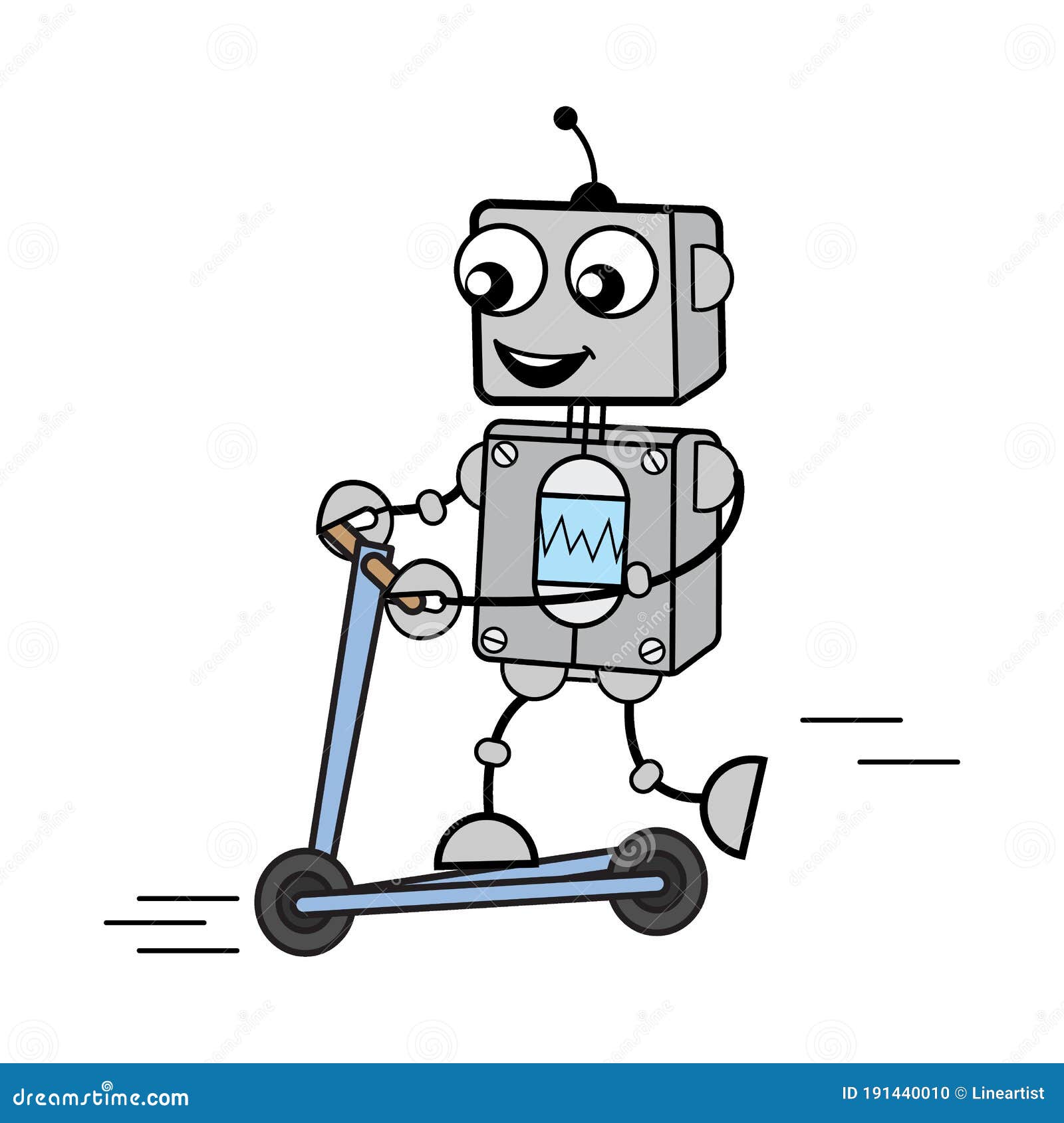 Cartoon Robot Rides the Kick Scooter Stock Illustration - Illustration ...
