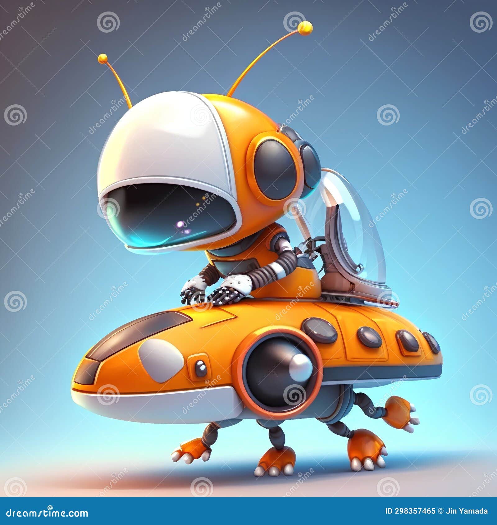 Cartoon Robot with a Spaceship on a Blue Background, 3d Render Stock ...