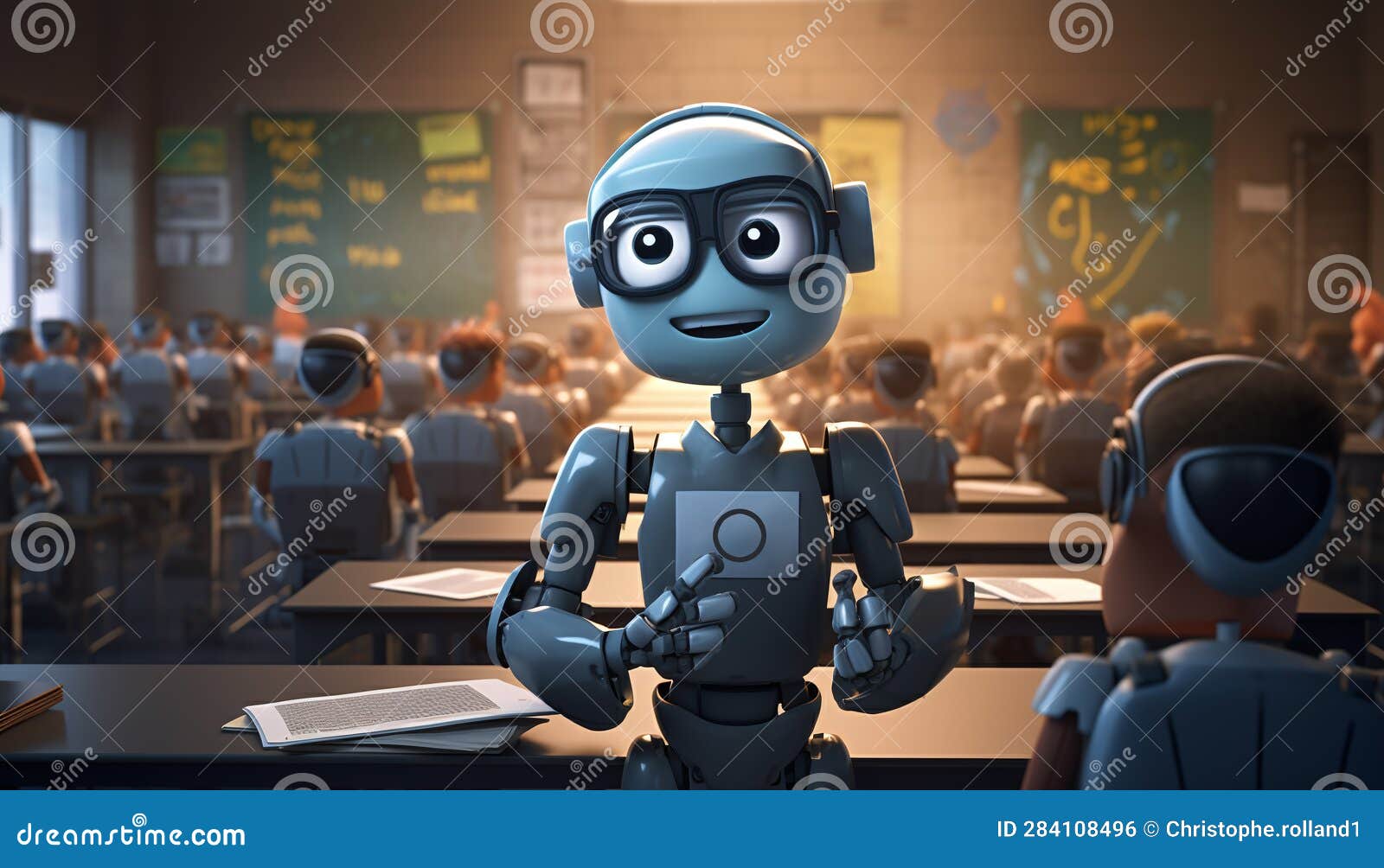 A Cartoon Robot Standing in Front of a Classroom - Generative AI Stock ...
