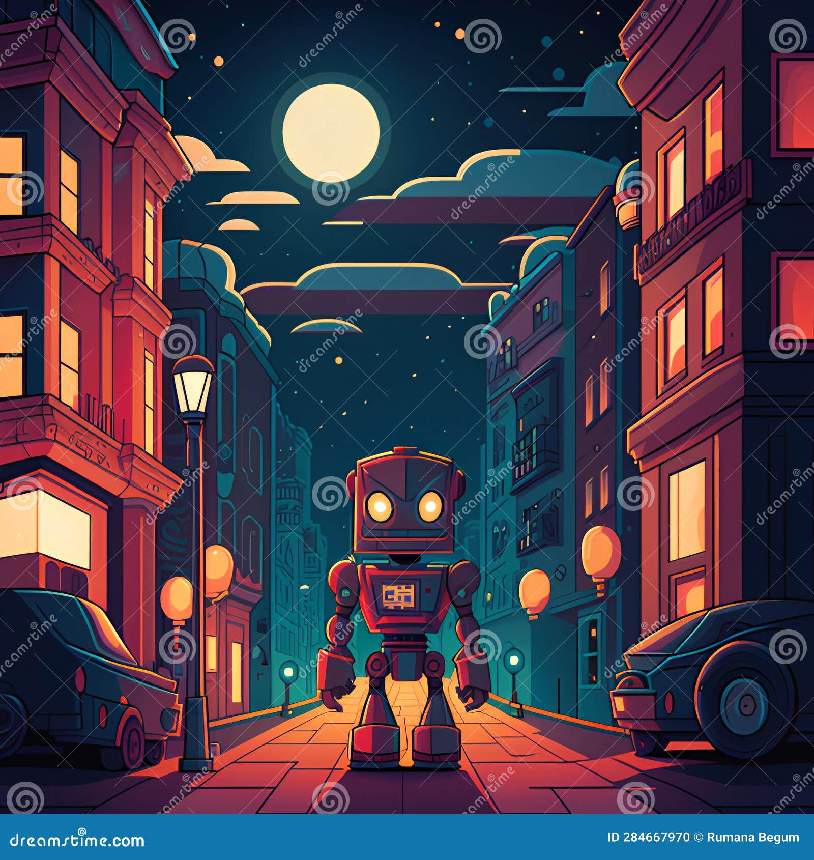 Cartoon of a Robot on a Street at Night. Generative AI Stock ...