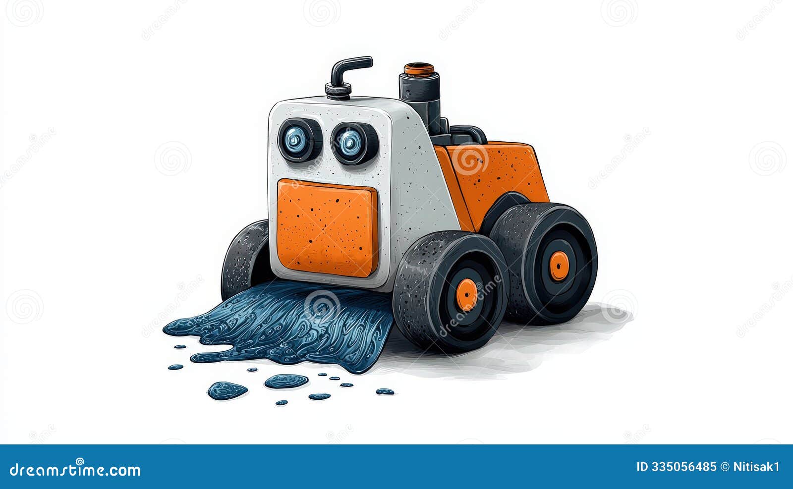 A Cartoon Robot with Wheels Designed for Cleaning is Pouring a Stream ...