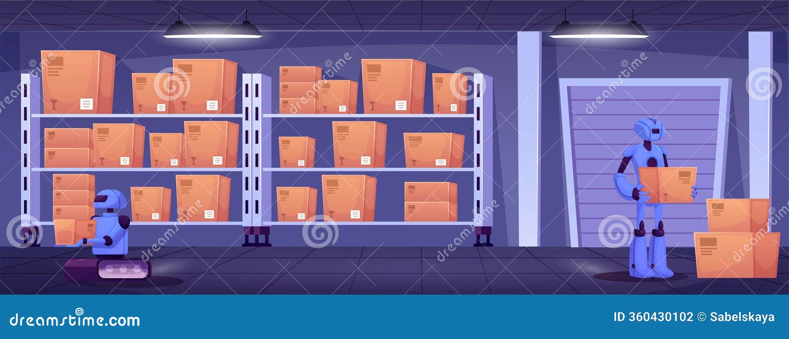 Cartoon Robots Carrying Cardboard Boxes in Warehouse, Vector Flat ...