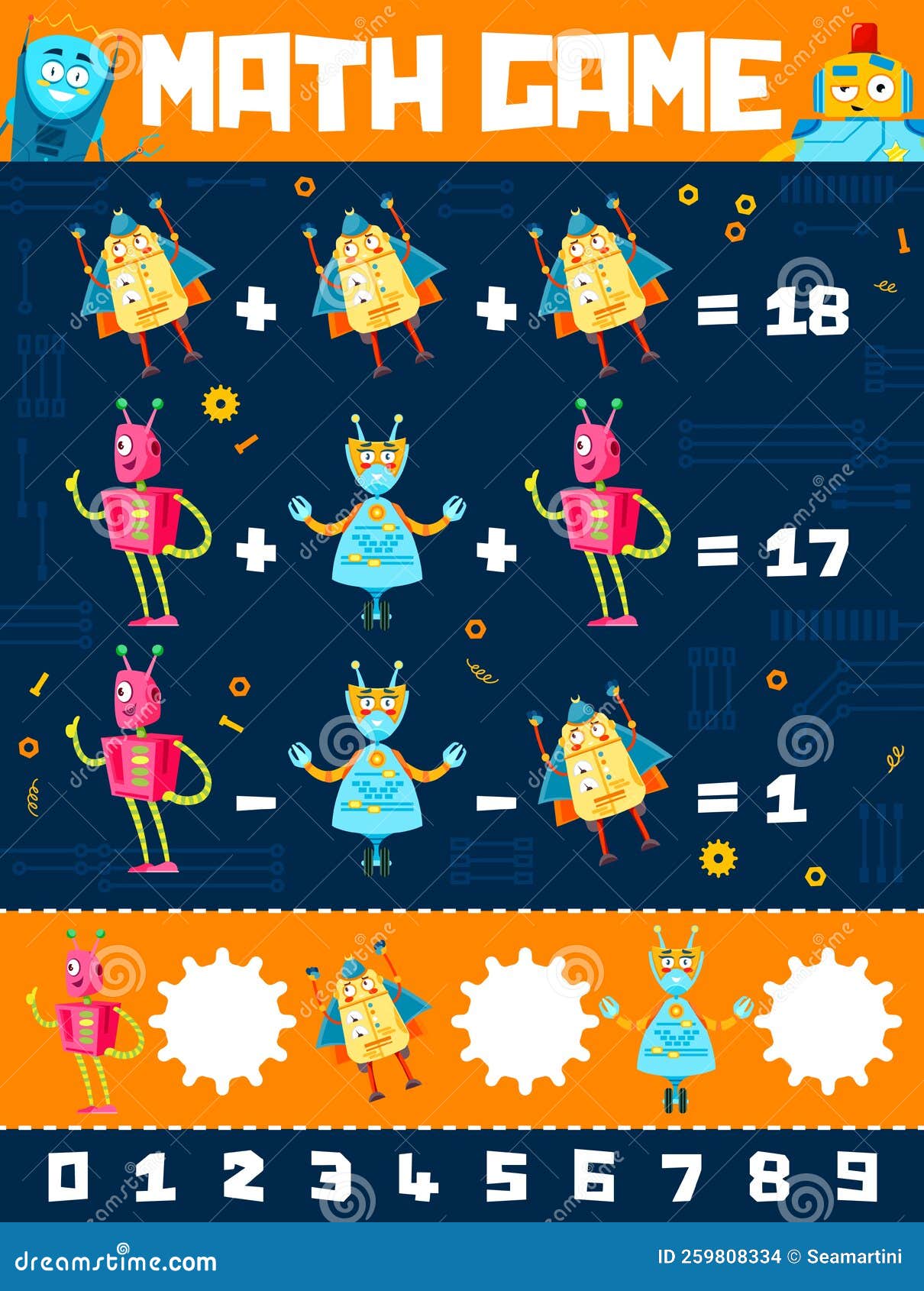 Cartoon Robots and Droids Math Game Worksheet Stock Vector ...