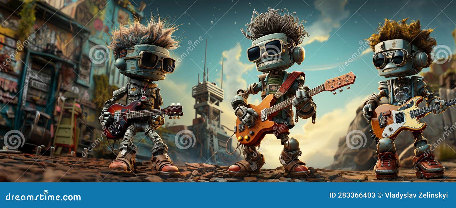 Cartoon Robots Rock Guitarists Stock Illustration - Illustration of ...