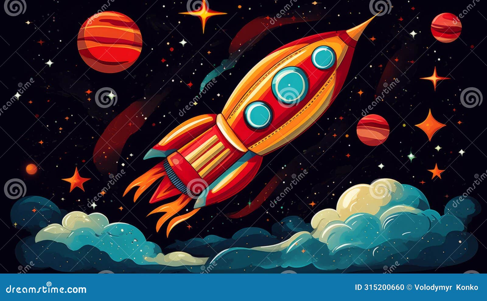 Cartoon Rocket Flying through the Sky with Planets in the Background ...