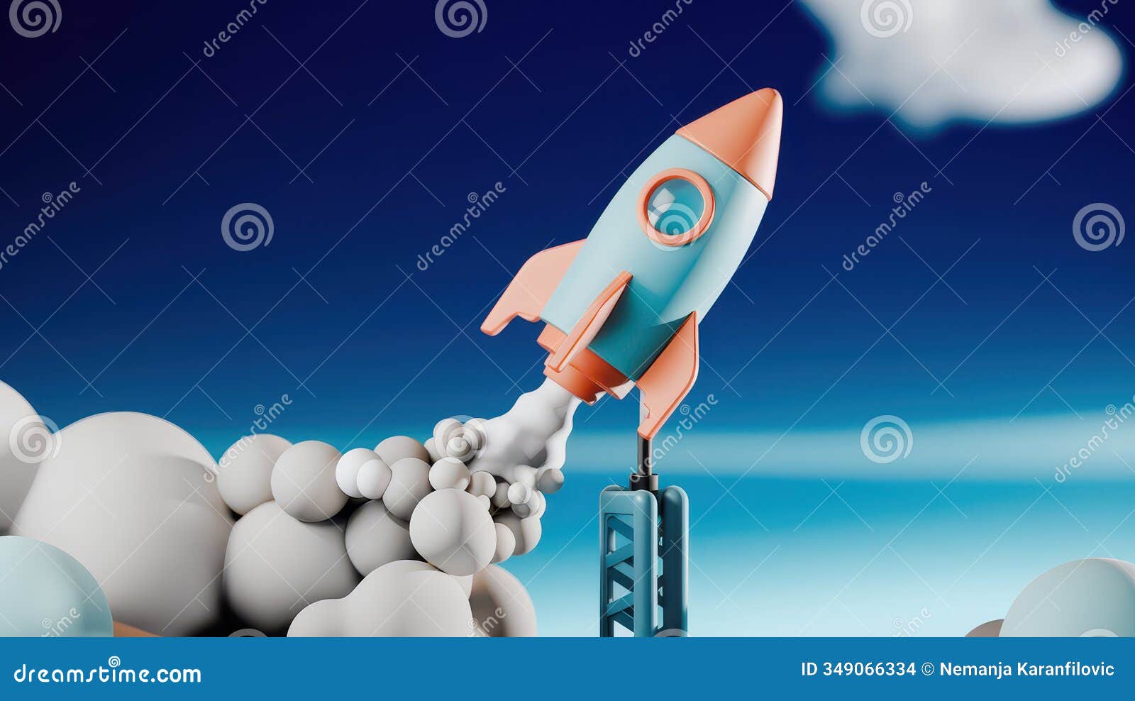Cartoon Rocket Launch with Flames and Small Human-like Figures Stock ...