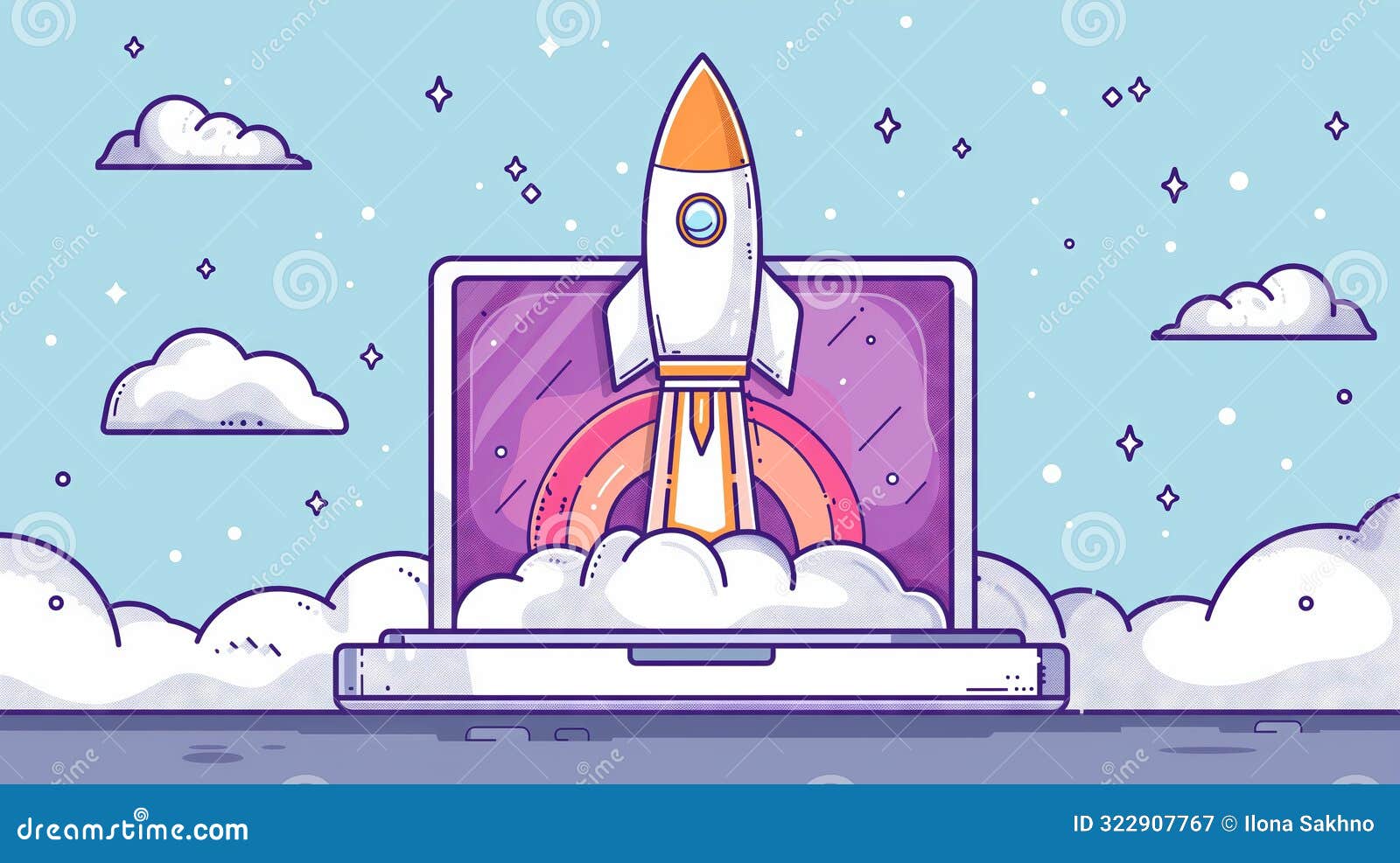 Cartoon Rocket Launch from Laptop Stock Illustration - Illustration of ...
