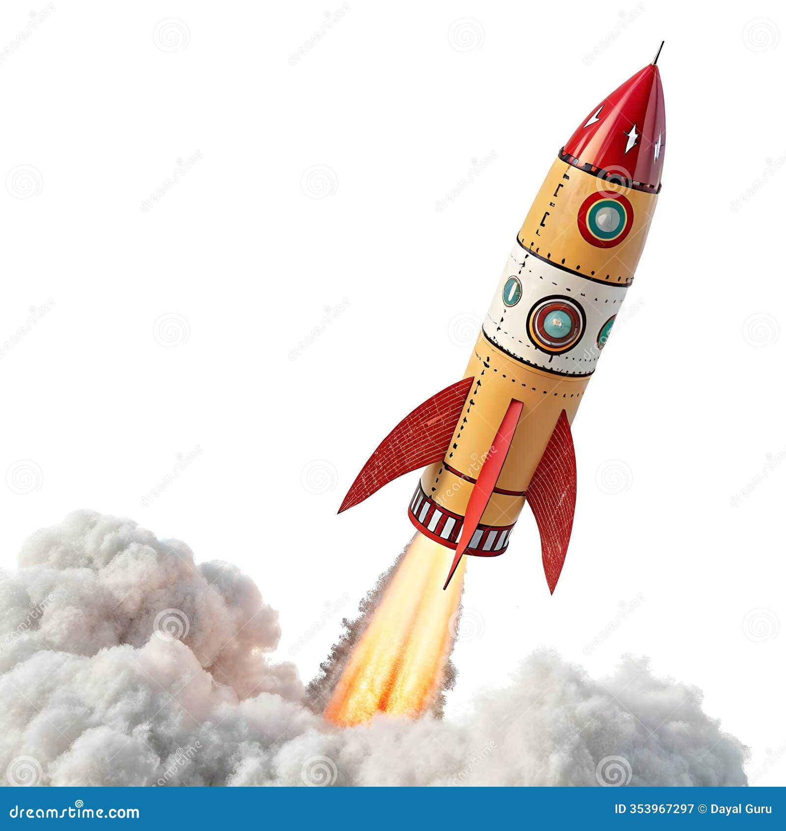 Cartoon Rocket Launching and Leaving Smoke Behind Isolated on White ...