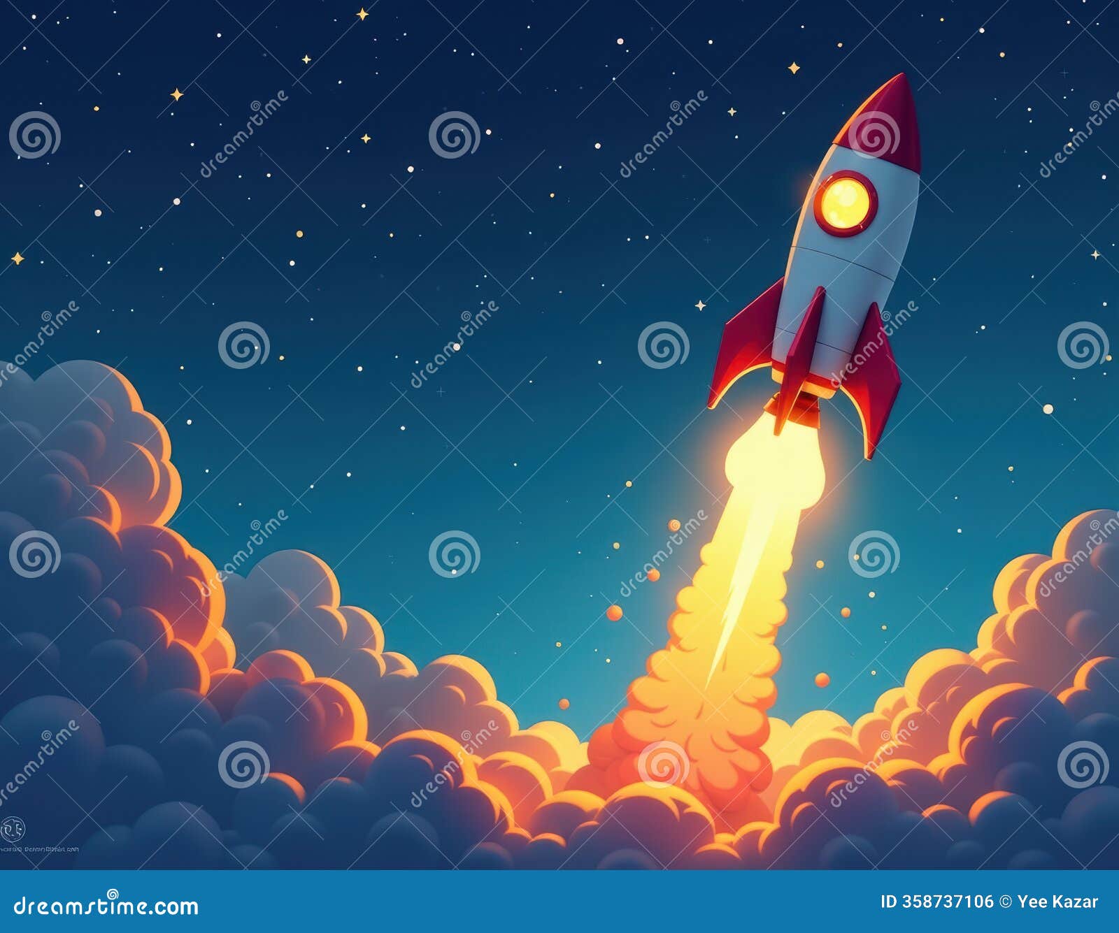 Cartoon Rocket Launching into Space at Night Stock Illustration ...