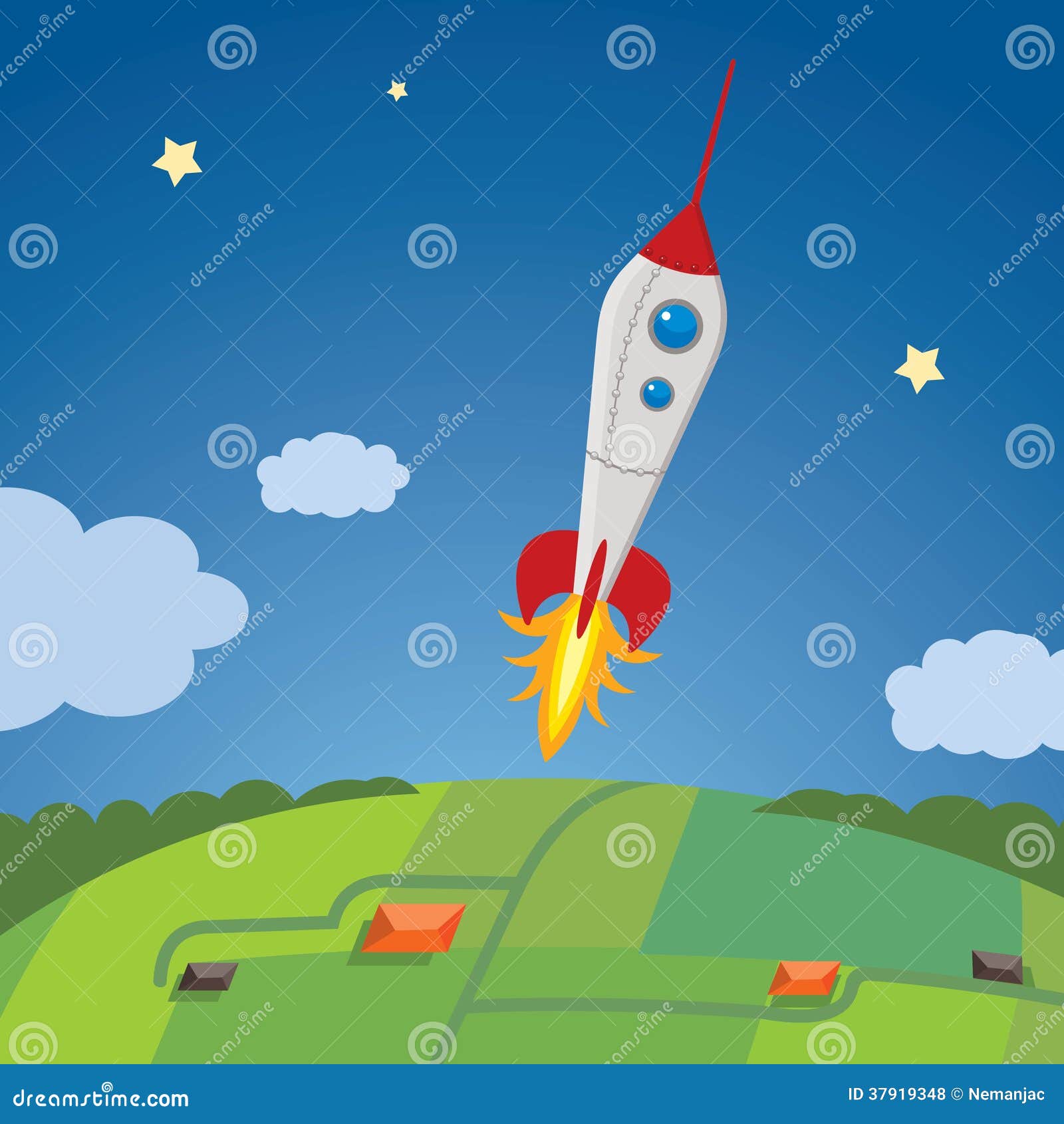 Cartoon Rocket Ship in the Sky Going Outer-space Stock Illustration ...