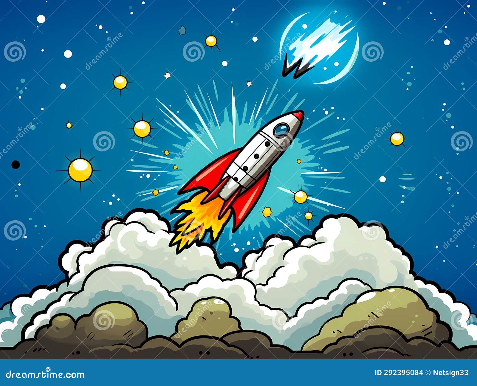 Cartoon Rocket in the Sky stock illustration. Illustration of backdrop ...