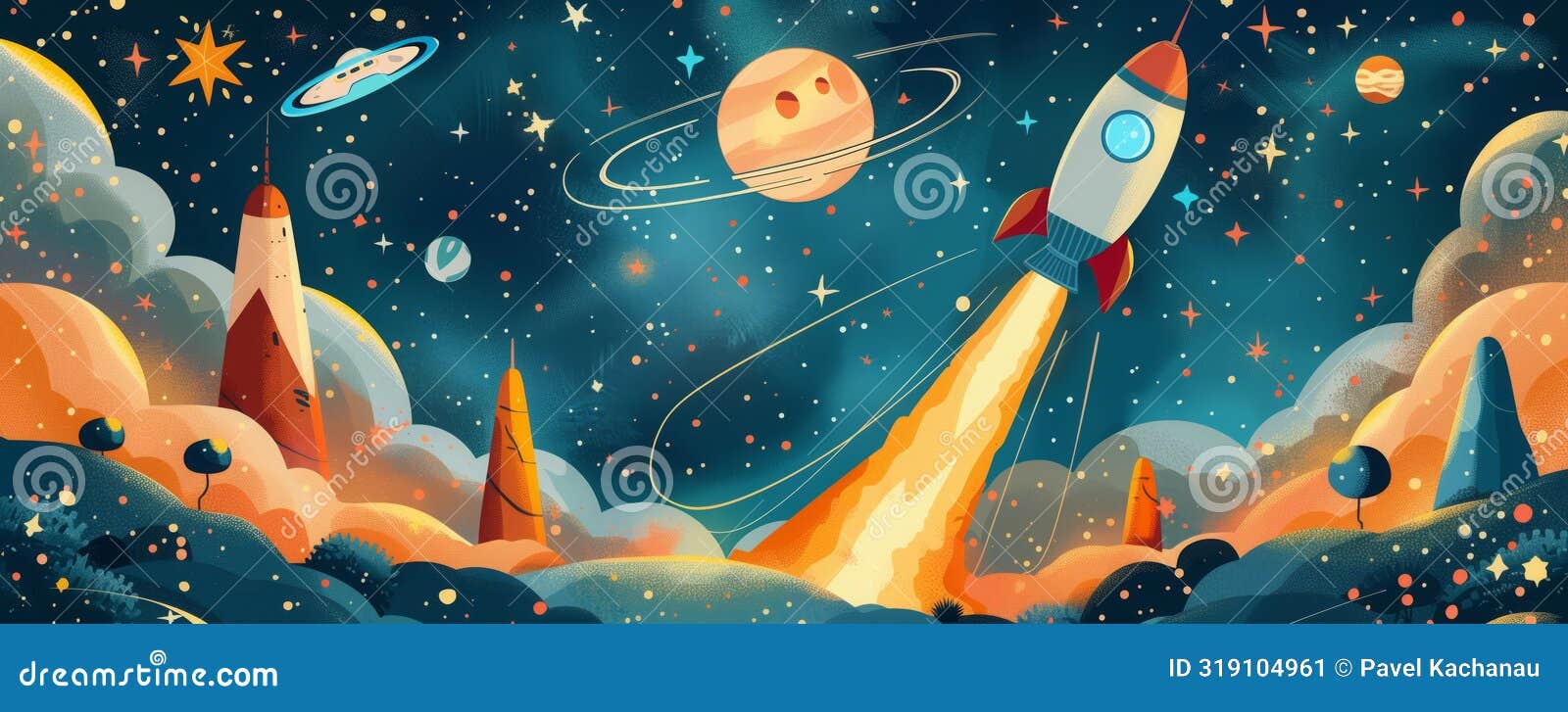 A Cartoon Rocket Soaring through Outer Space Stock Illustration ...
