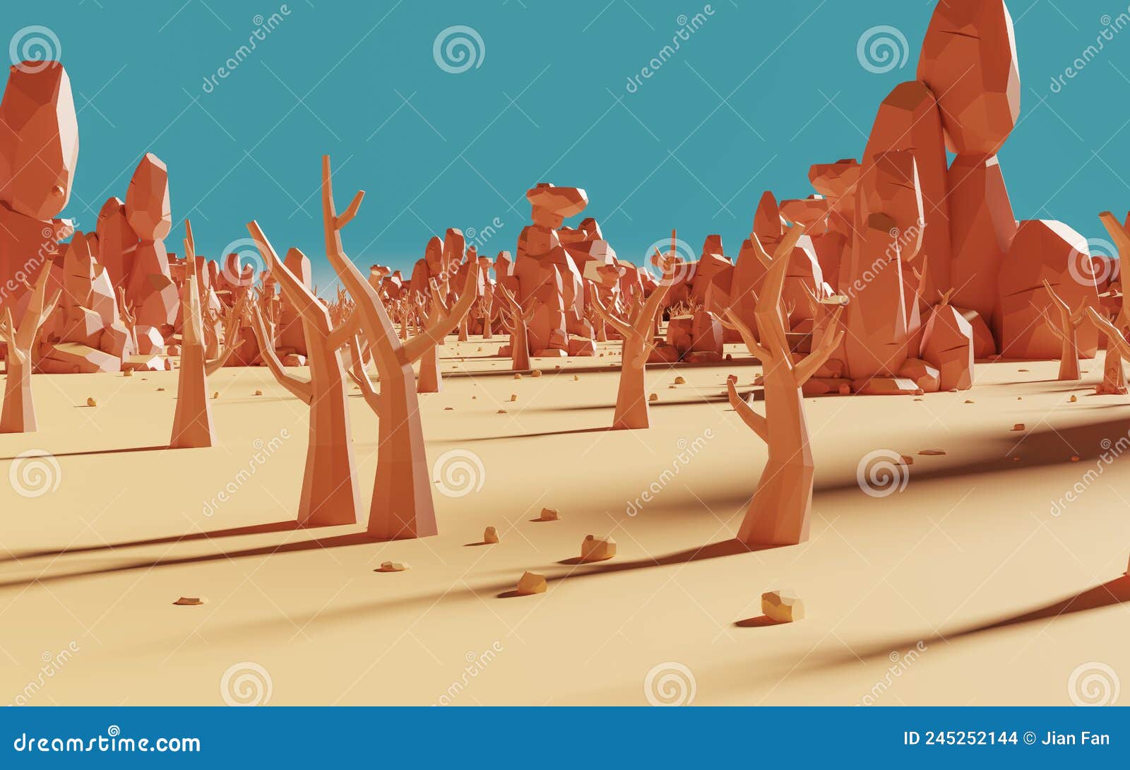 Cartoon Rocks and Dry Trees, 3d Rendering Stock Illustration ...