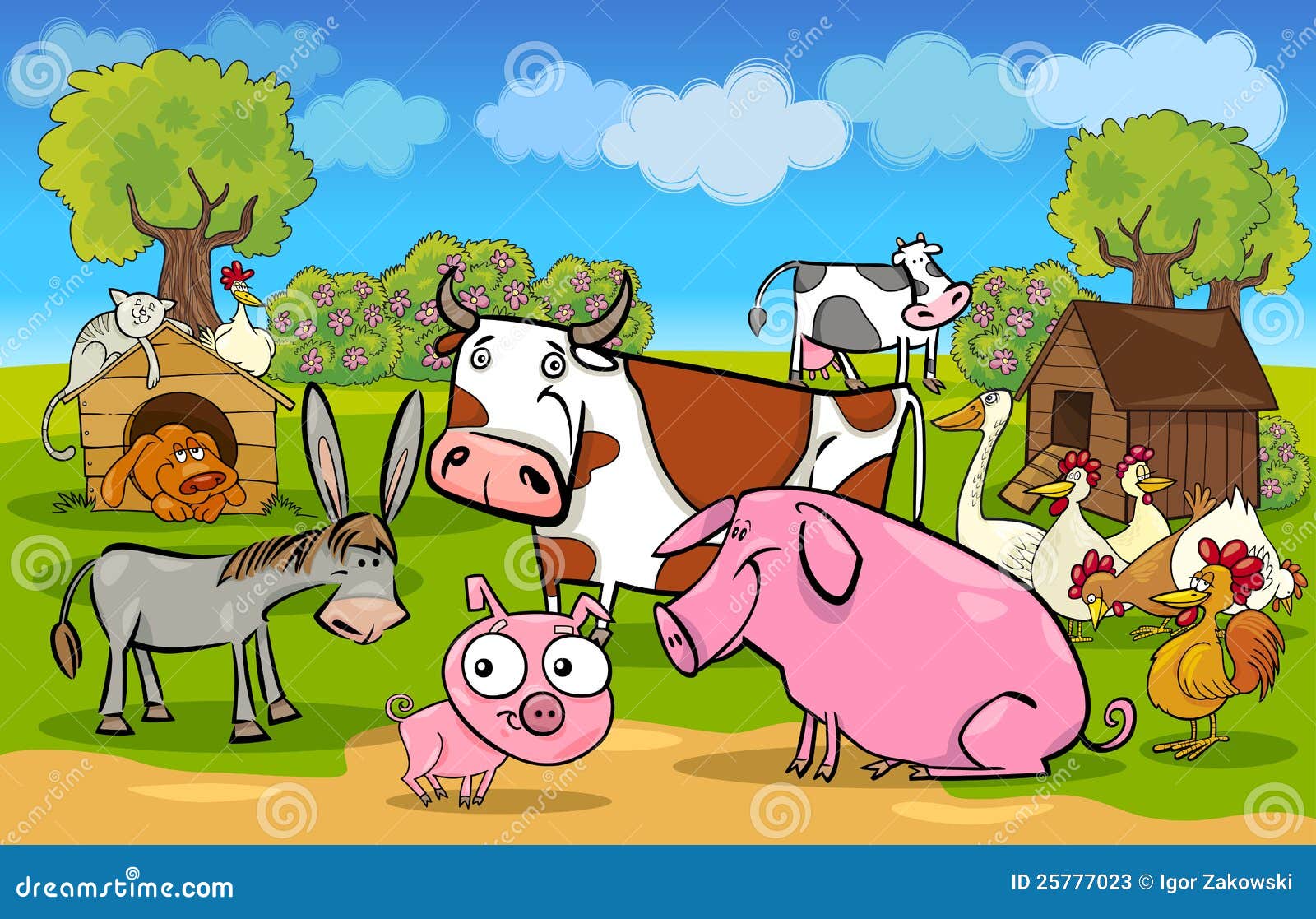 Cartoon Rural Scene with Farm Animals Stock Vector - Illustration of ...