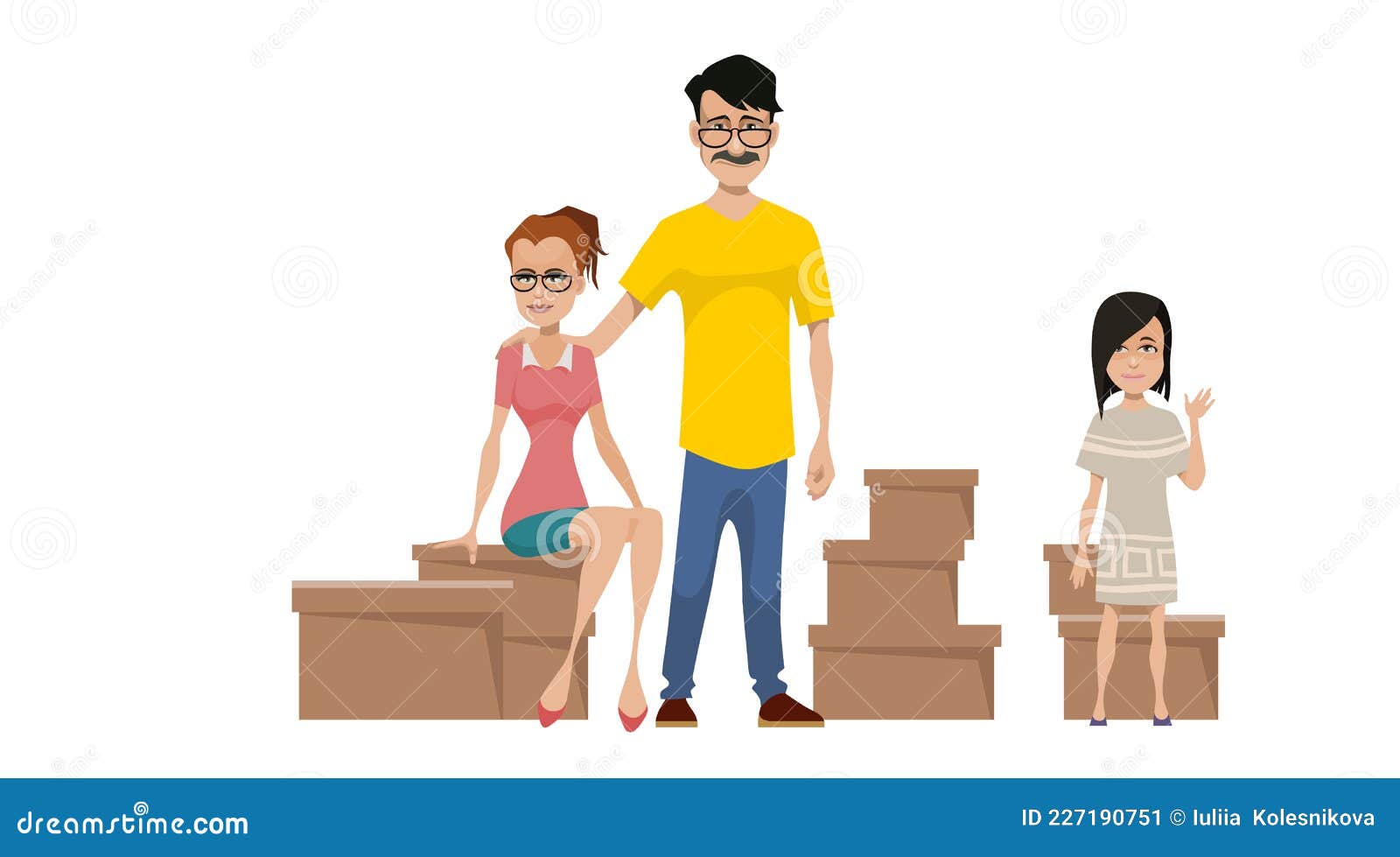 Cartoon Sad Mom Dad and Daughter Sit on Boxes Stock Vector ...