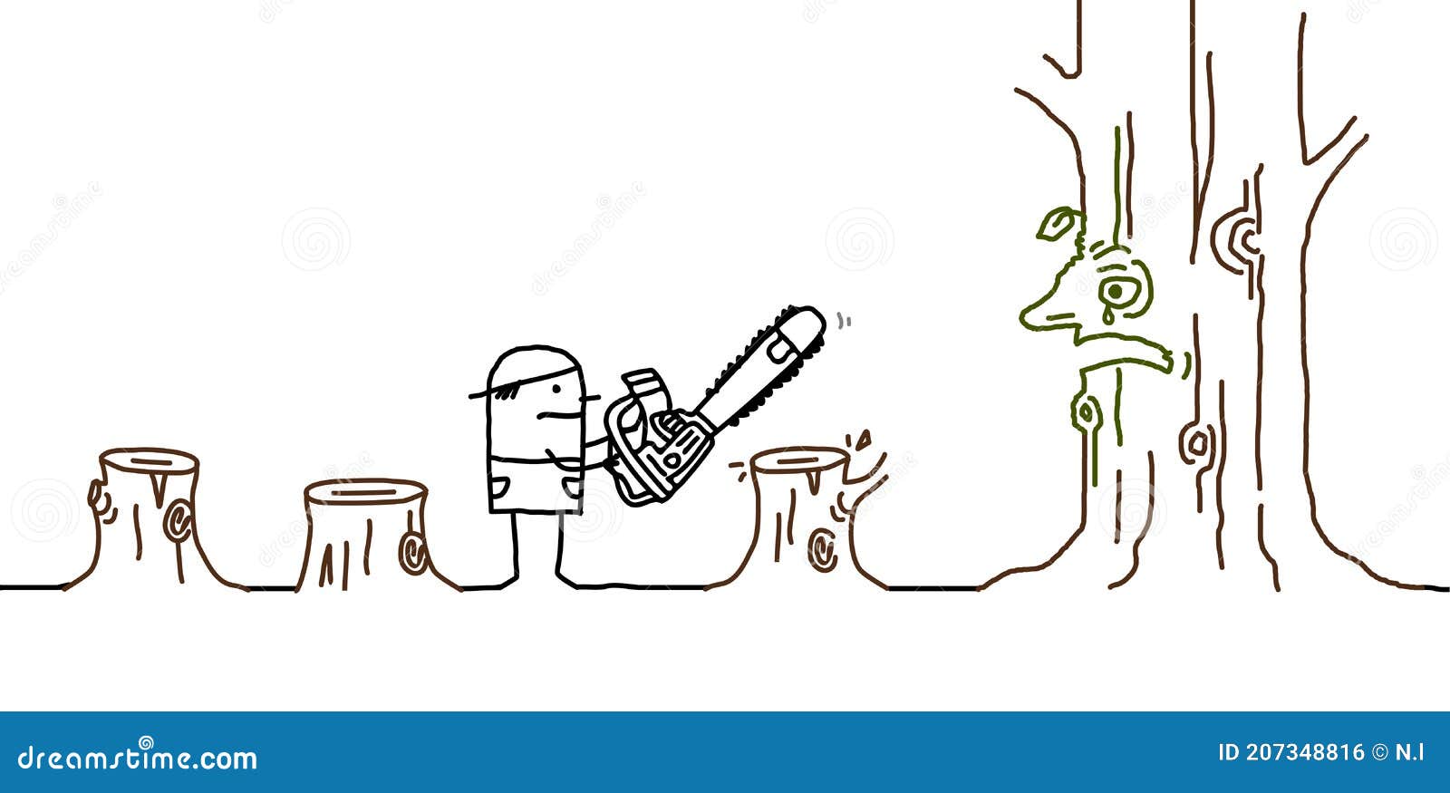 Cartoon Sad Tree Trunk and Lumberjack Cutting a Forest Stock Vector ...