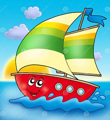 Cartoon Sailing Boat with Sunset Stock Illustration - Illustration of ...