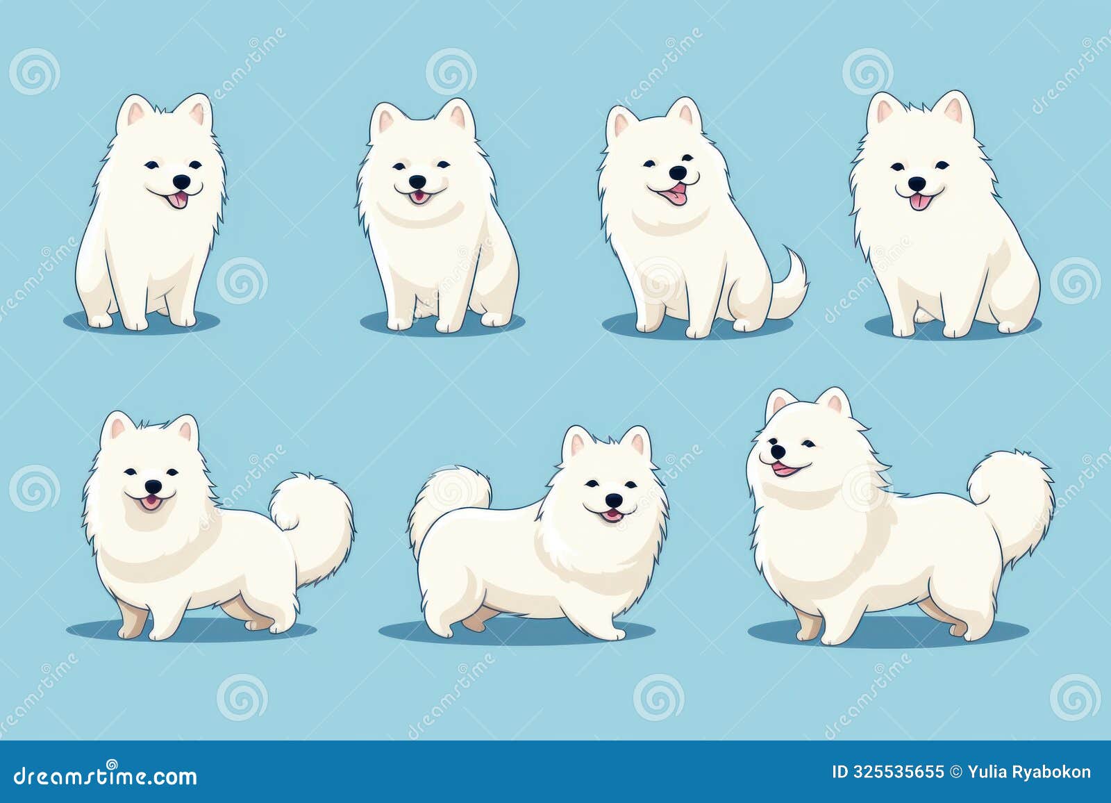 Cartoon Samoyed Dogs Collection on Blue Background Stock Illustration ...