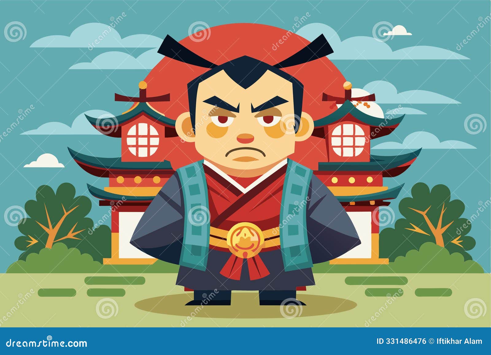 A Cartoon Samurai Stands Confidently In Front Of A Traditional Japanese ...