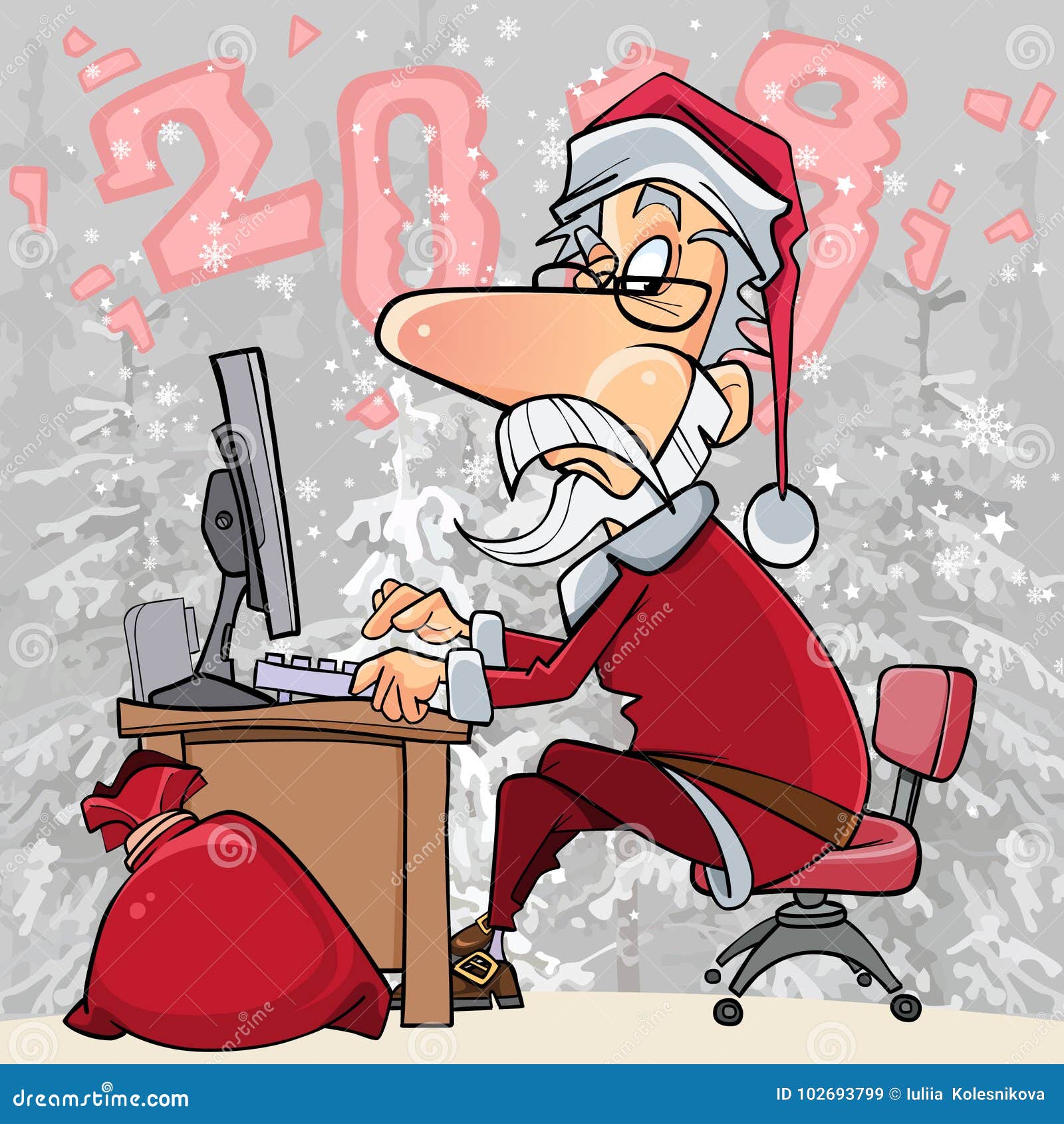 Cartoon Santa Claus Working at a Computer in the Woods 2018 Stock ...
