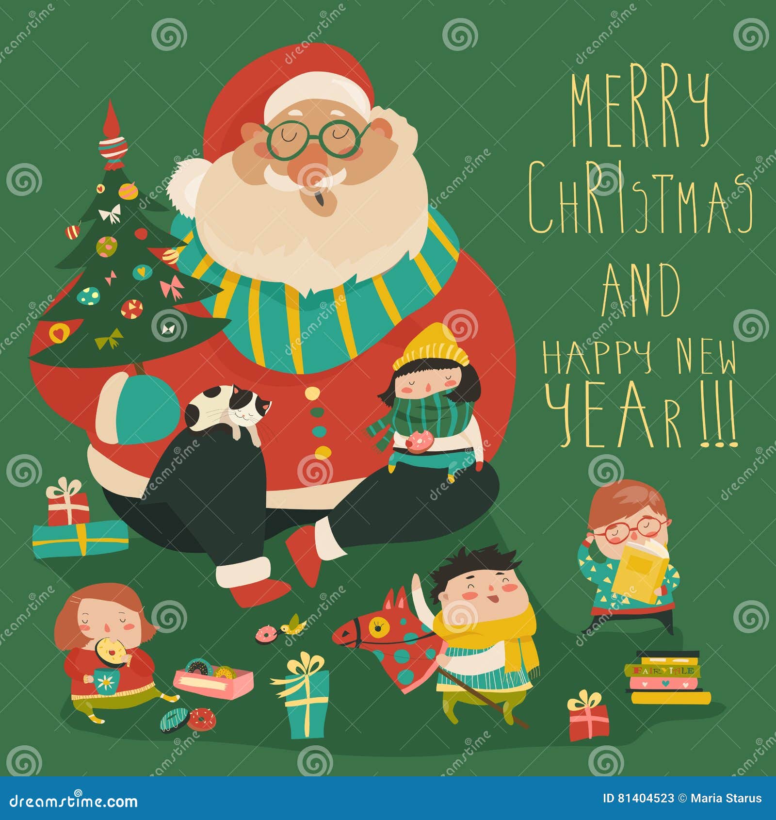 Cartoon Santa with kids stock vector. Illustration of drawing - 81404523