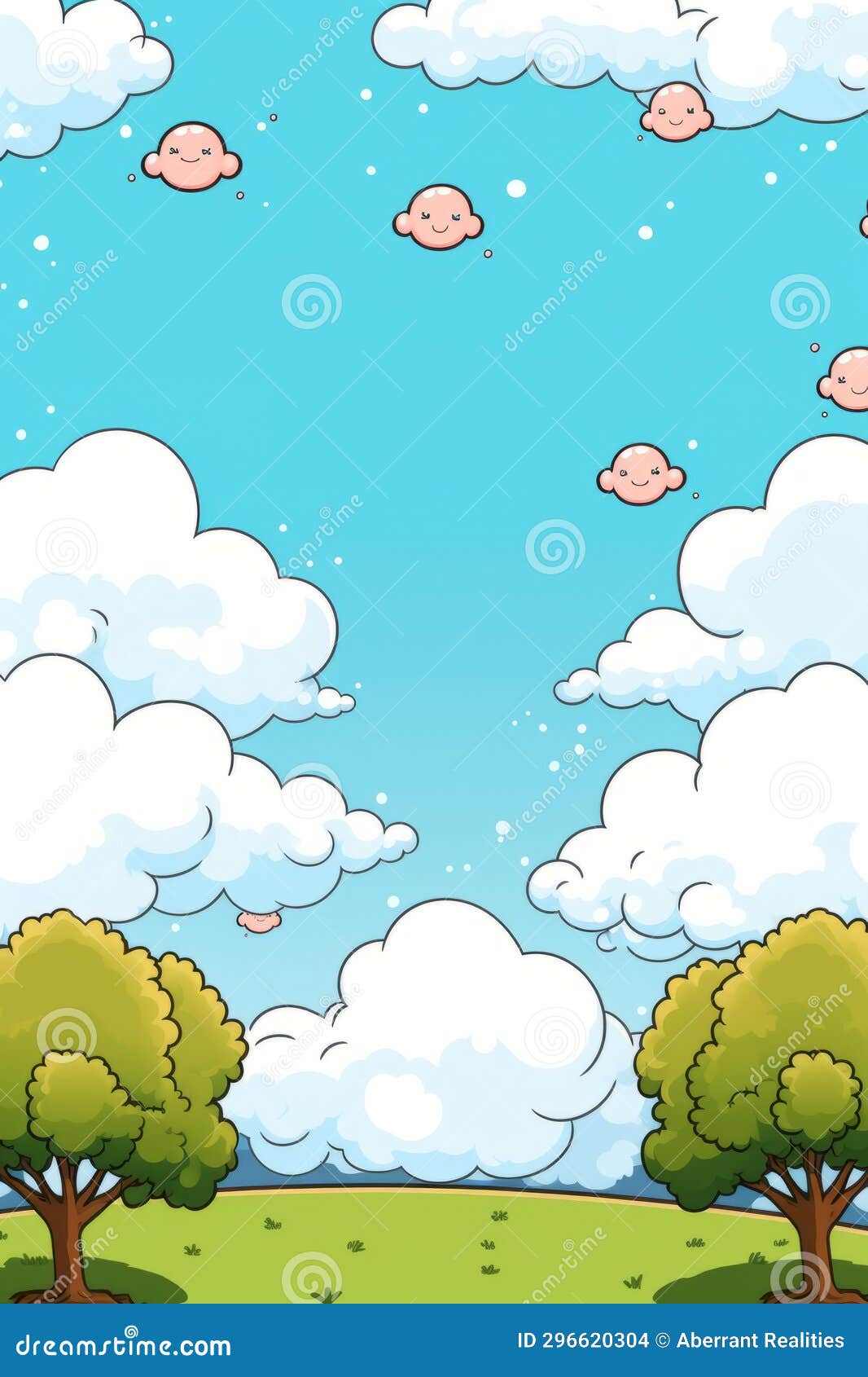 A Cartoon Scene with Clouds and Trees in the Sky Stock Illustration ...
