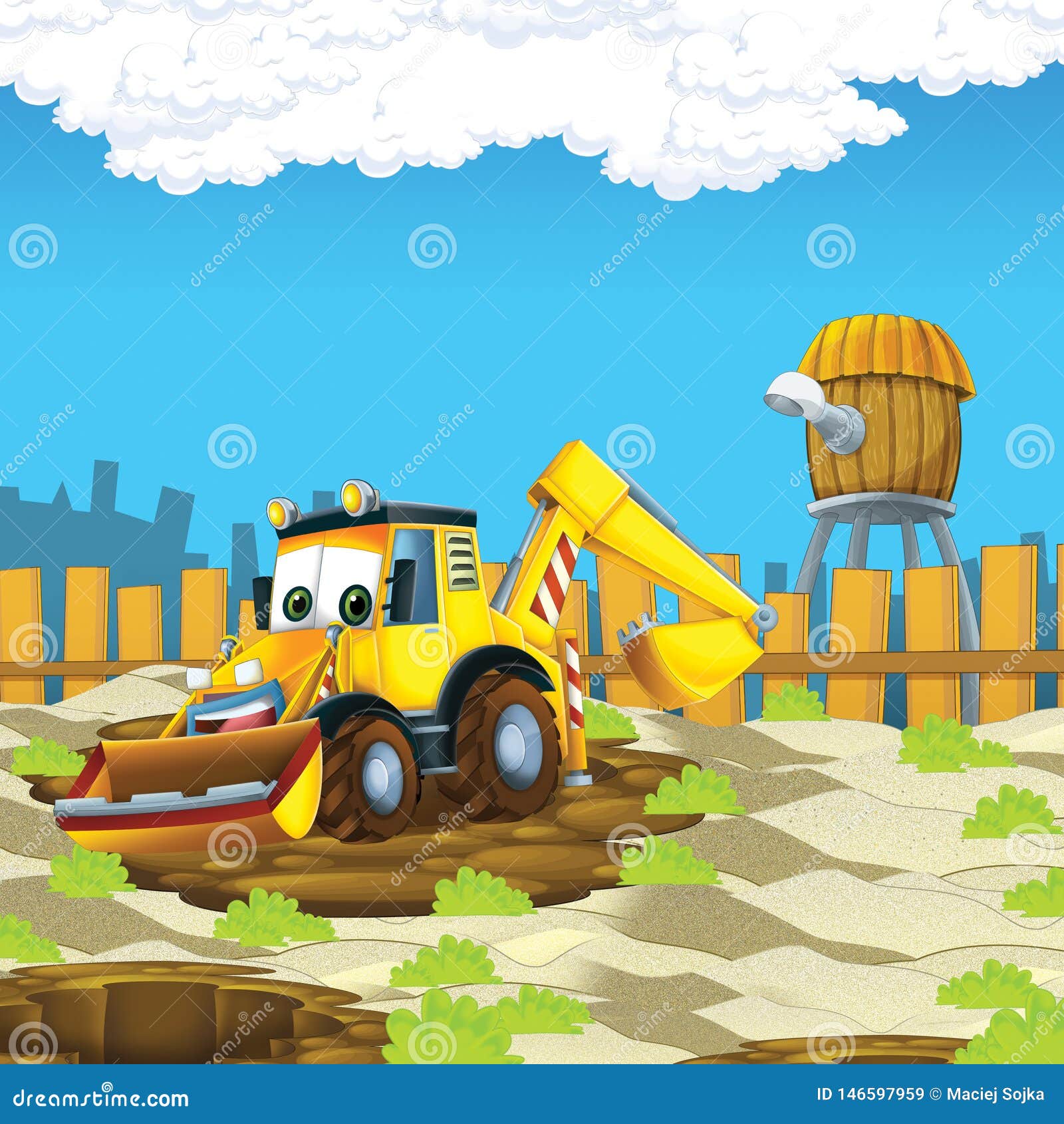 Cartoon Scene with Digger Excavator or Loader on Construction Site ...