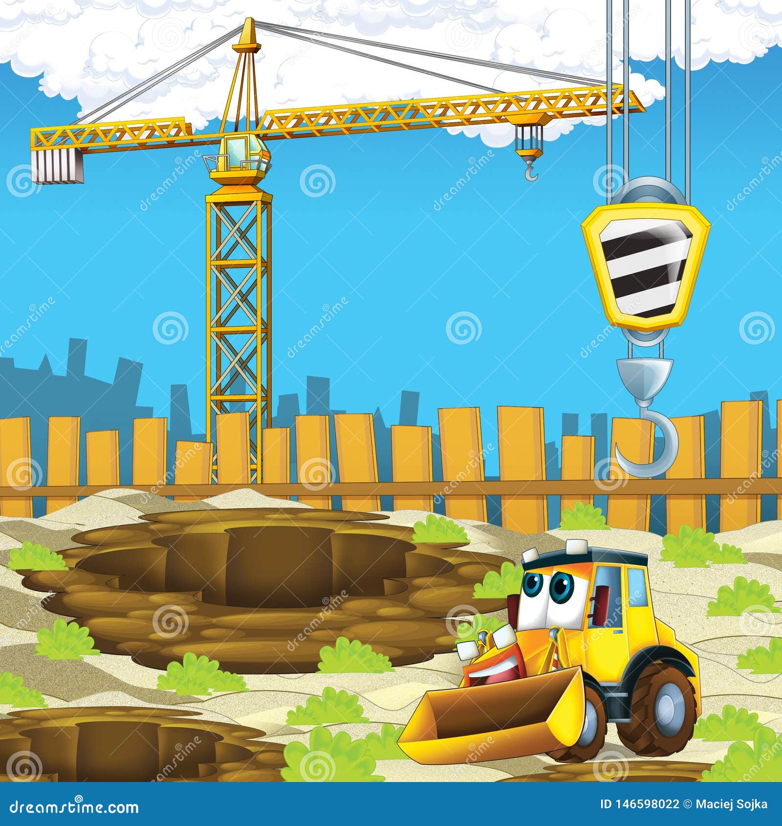 Cartoon Scene with Digger Excavator or Loader on Construction Site ...