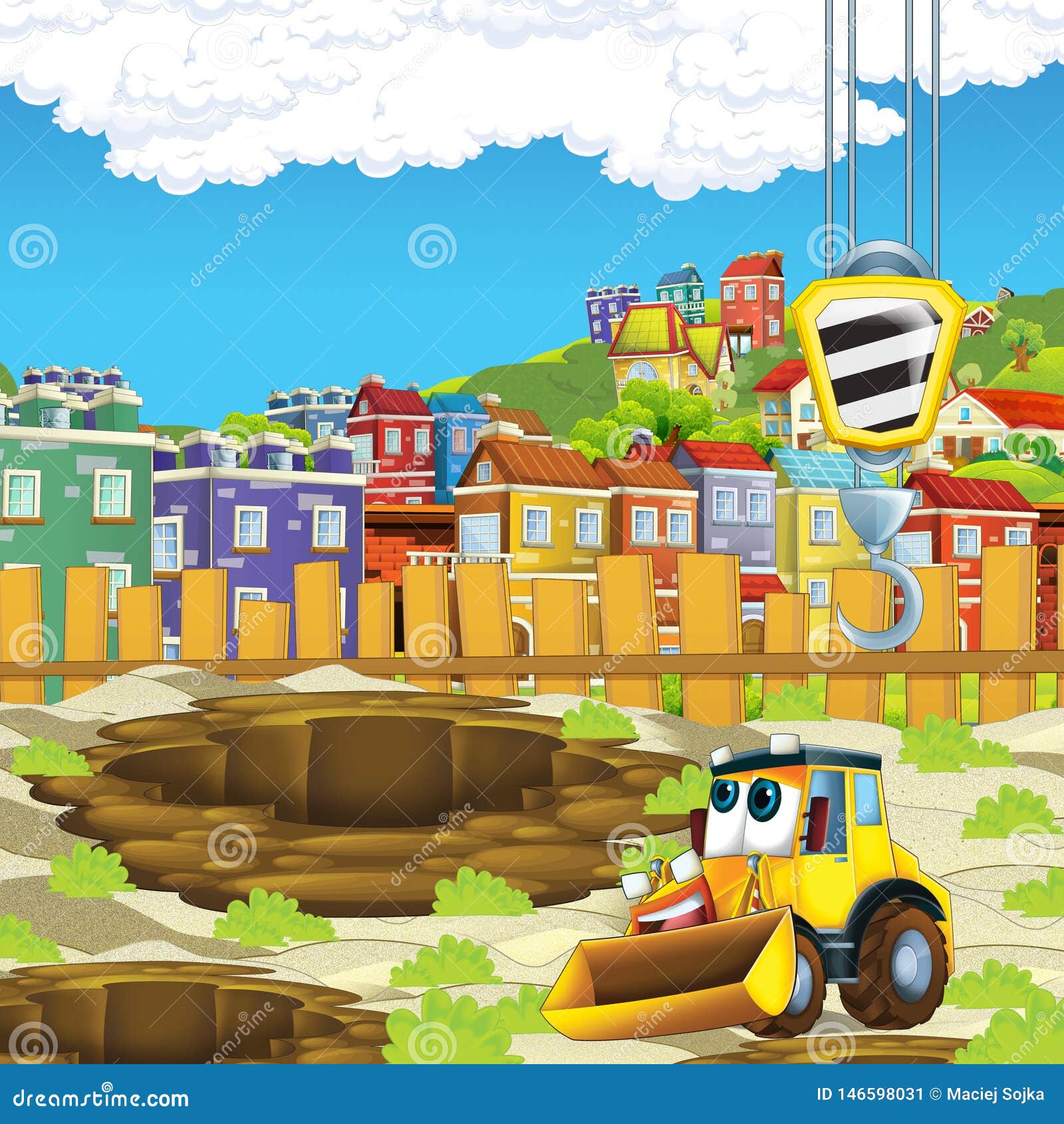 Cartoon Scene with Digger Excavator or Loader on Construction Site ...