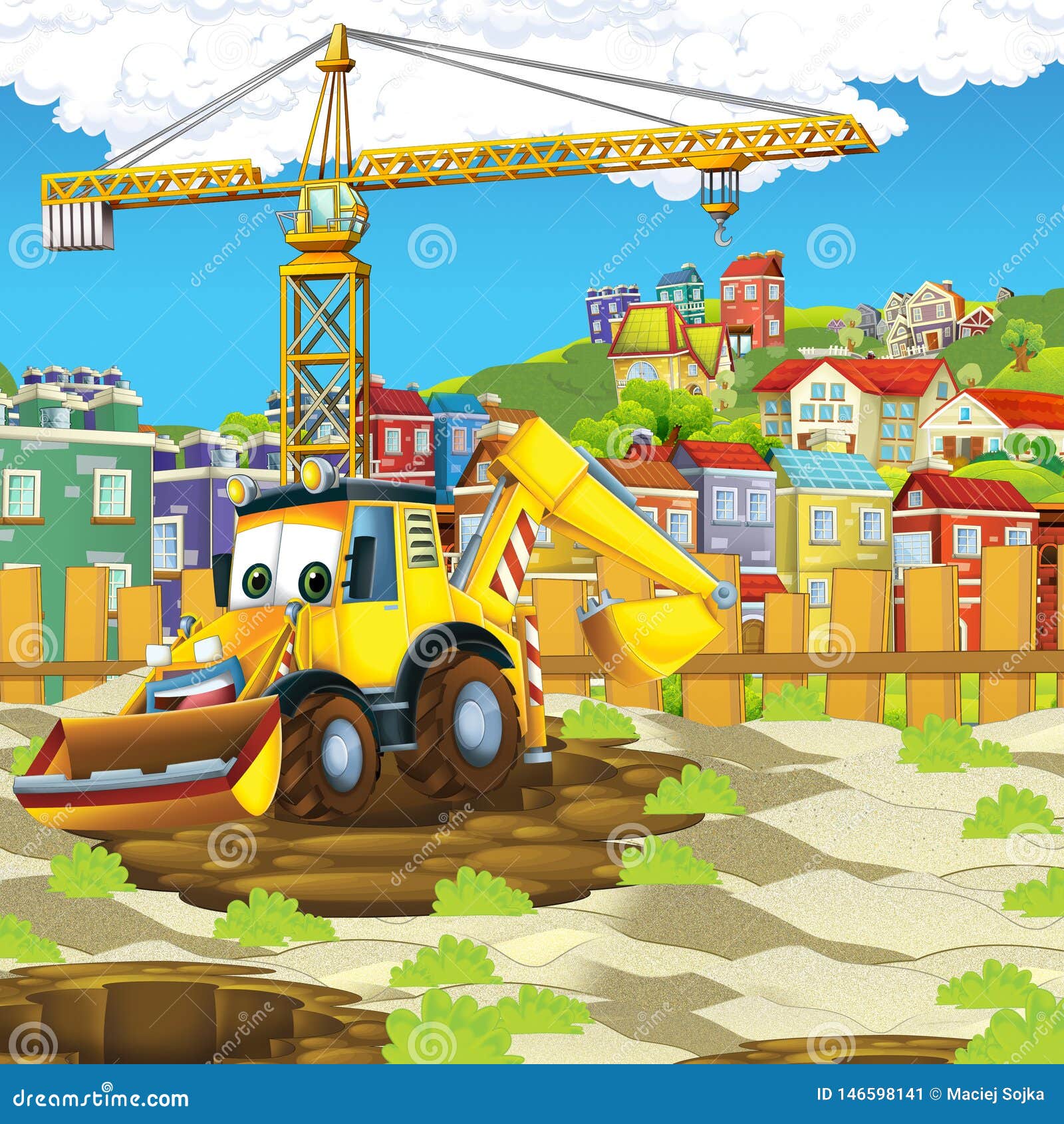 Cartoon Scene with Digger Excavator or Loader on Construction Site ...