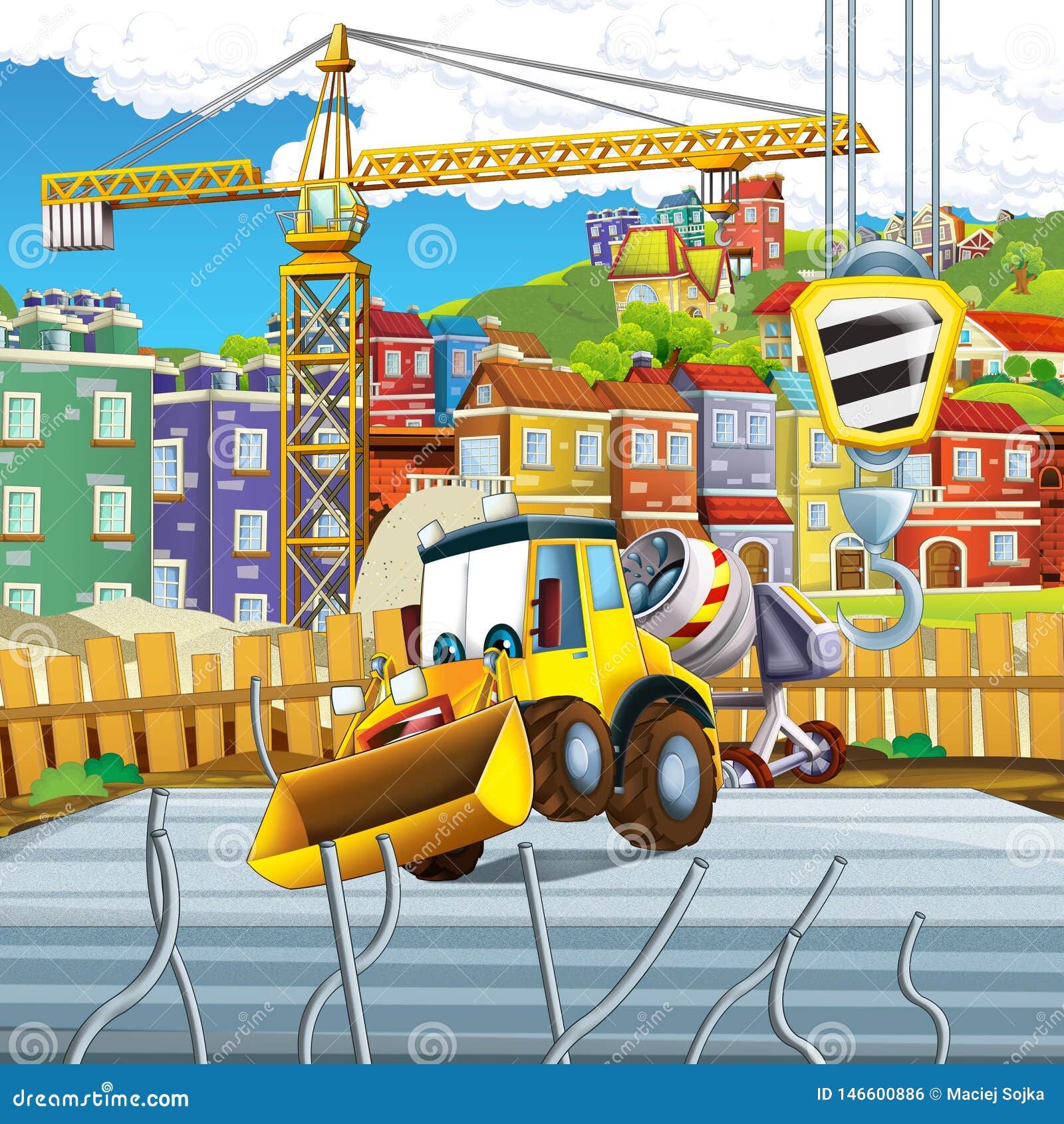 Cartoon Scene with Digger Excavator or Loader on Construction Site ...