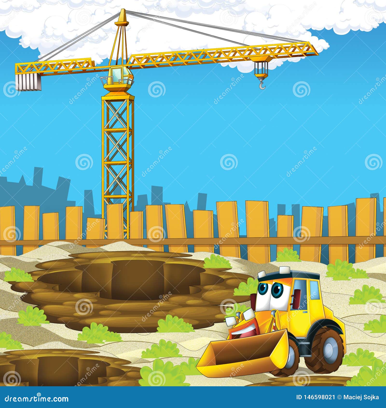 Cartoon Scene with Digger Excavator or Loader on Construction Site ...